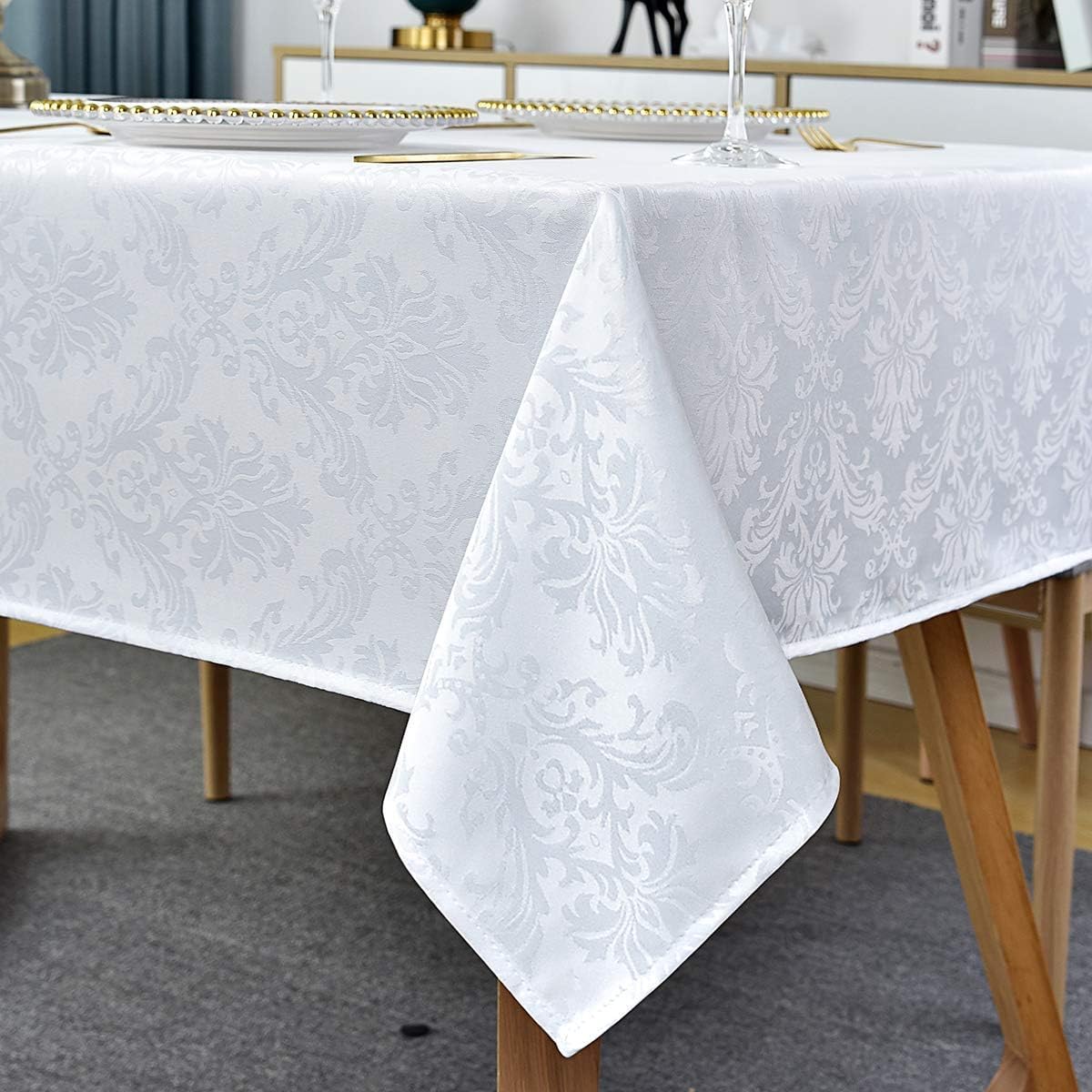 Rectangle Table Cloth - 52 x 70 Inch White Jacquard Tablecloths Damask Design Spillproof Wrinkle Resistant Shrinkproof Soft Tablecloth Polyester Oblong Table Cover for Kitchen Dinning Party Tabletop