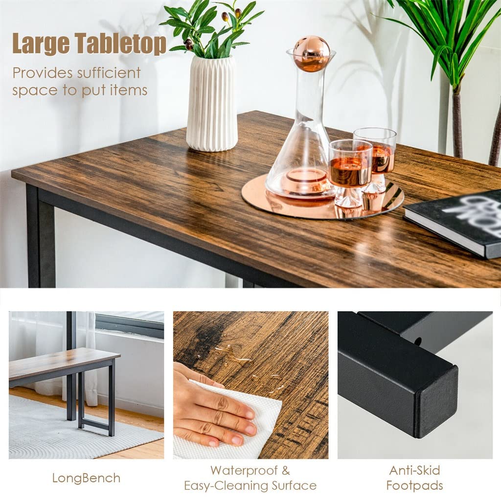 MJWDP 3 Piece Dining Table Bench Set with Wooden Top and Metal Frame Furniture Set