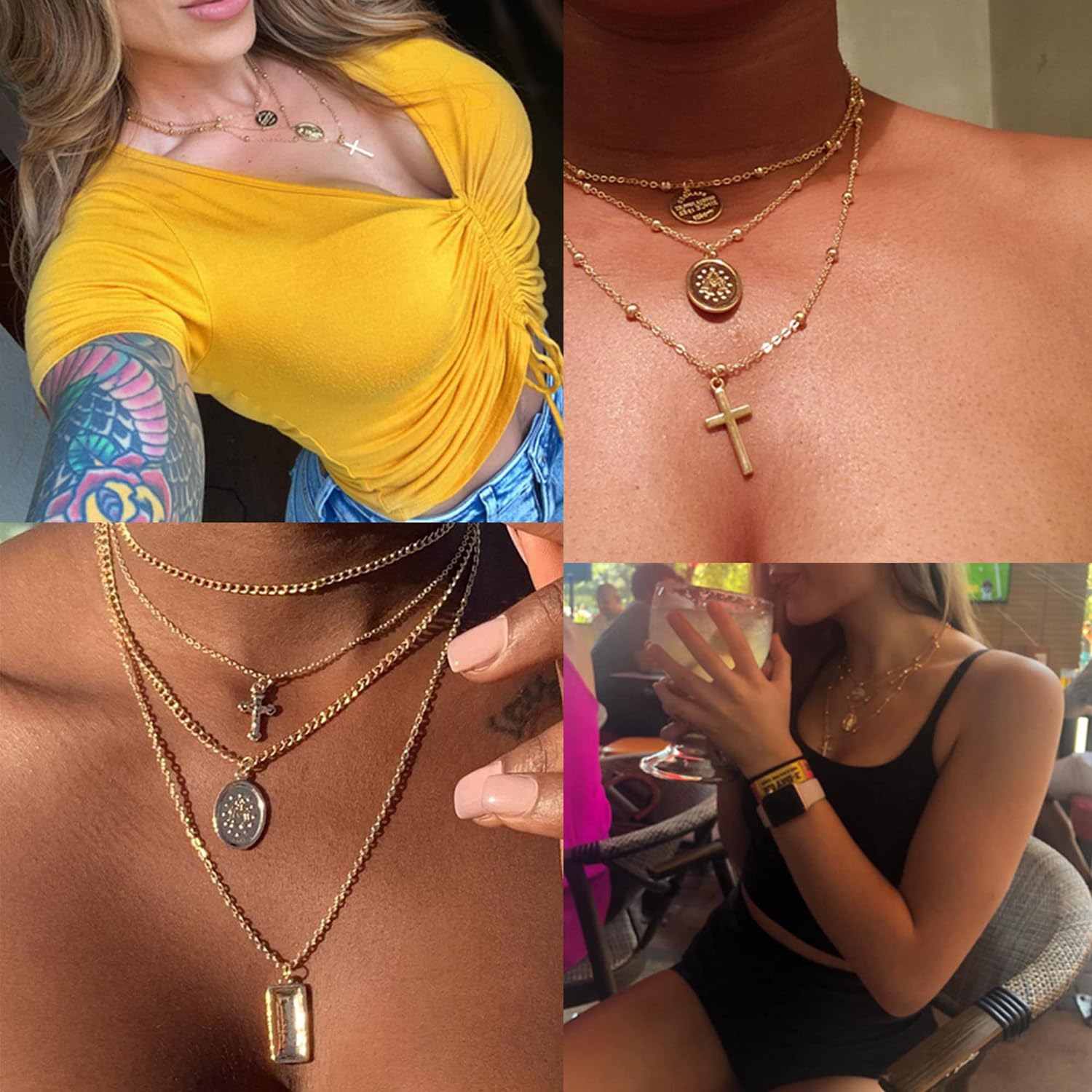 ORAZIO 2PCS Layered Necklace for Women Cross Blessed Virgin Mary Pendant Necklace Chain Gold Tone
