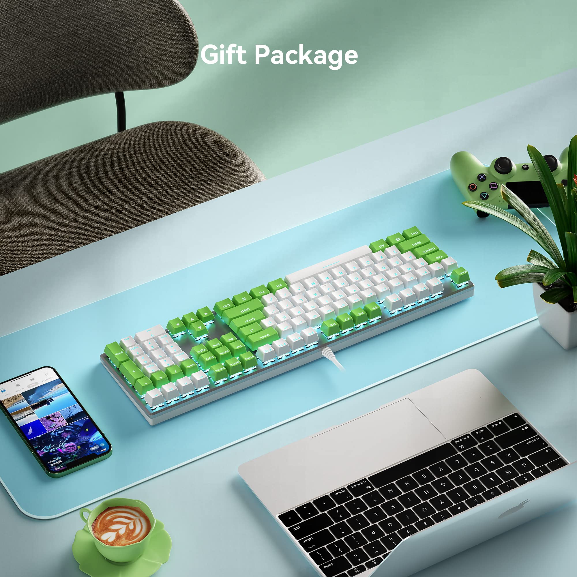 Superbcco Mechanical Gaming Keyboard, LED Backlit Wired Computer Keyboard with Clicky Blue Switches for Windows Gaming PC, 108 Anti-Ghosting Keys, QWERTY, Compact, Aluminum Base for Gamer (Green)
