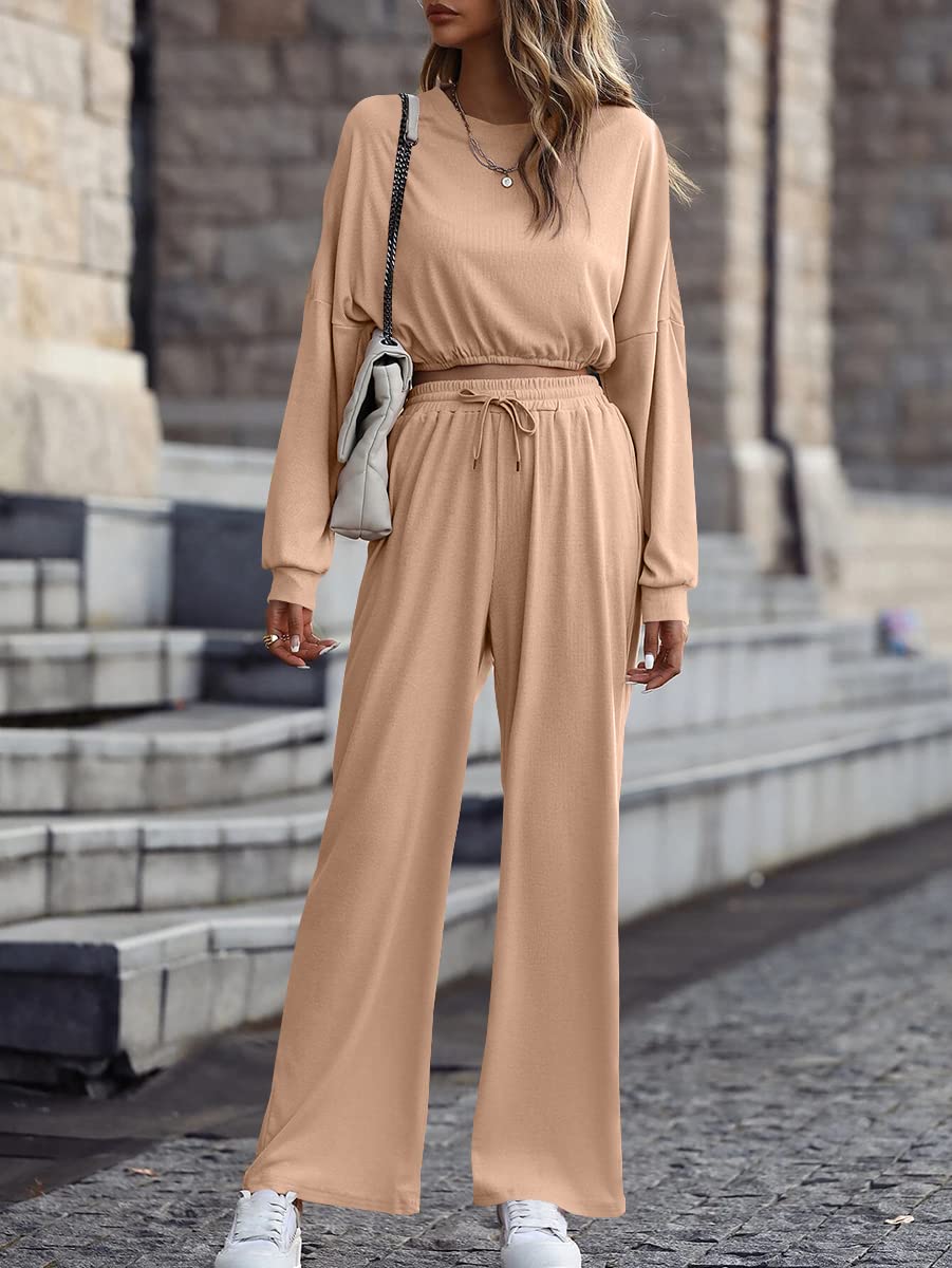 Wihion Women's 2 Piece Outfits Tracksuit Casual Long Sleeve Crop Tops and Wide Leg Pants Set Sweatsuit