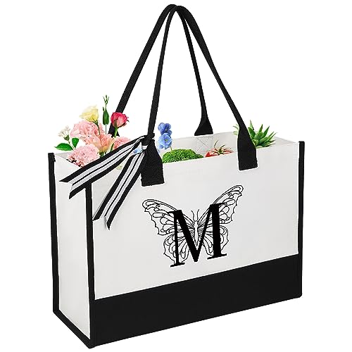 Nuberlic Monogram Letter M Initial Personalized Canvas Tote Bag for Women Butterfly Pattern Reusable Grocery Bags Wedding Birthday Gift