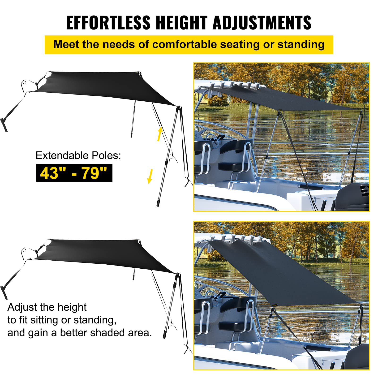 VEVOR T-Top Sun Shade Kit 6' x 7', UV-Proof 600D Polyester T-top Extension Kit with Rustproof Steel Telescopic Poles, Waterproof, Easy to Assemble for T-Tops & Bimini Top