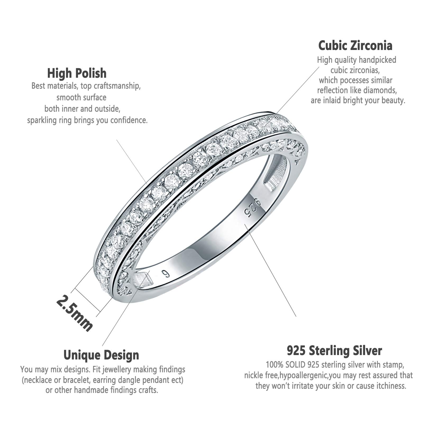 Newshe Jewellery Stackable Band AAAAA Cz Wedding Engagement Ring for Women 925 Sterling Silver Eternity 2.5mm Size 7