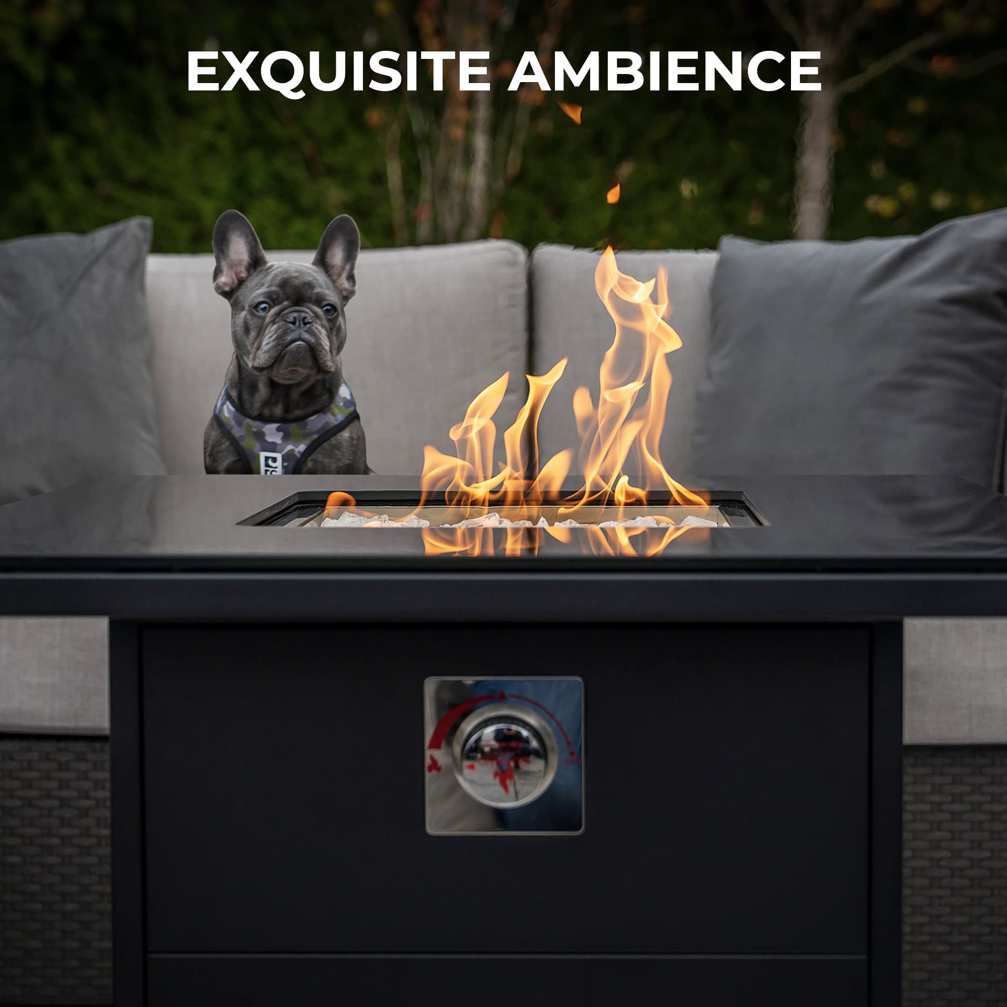 Yaletown 420 Model Square Fire Pit Table for Outside Patio – 30" Small Outdoor Propane Gas Fire Table, Black – with Glass Rocks Set, Pre-Attached 1m Hose and Regulator