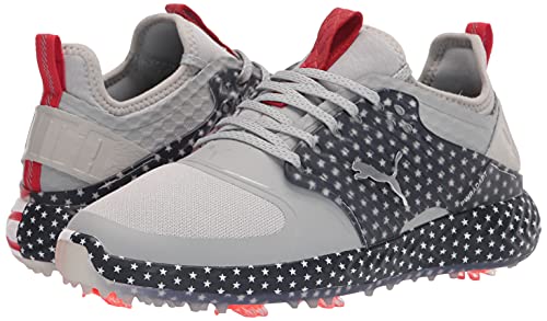 PUMA Men's Ignite Pwradapt Caged USA Golf Shoe, High Rise-Navy Blazer-High Risk Red, 9