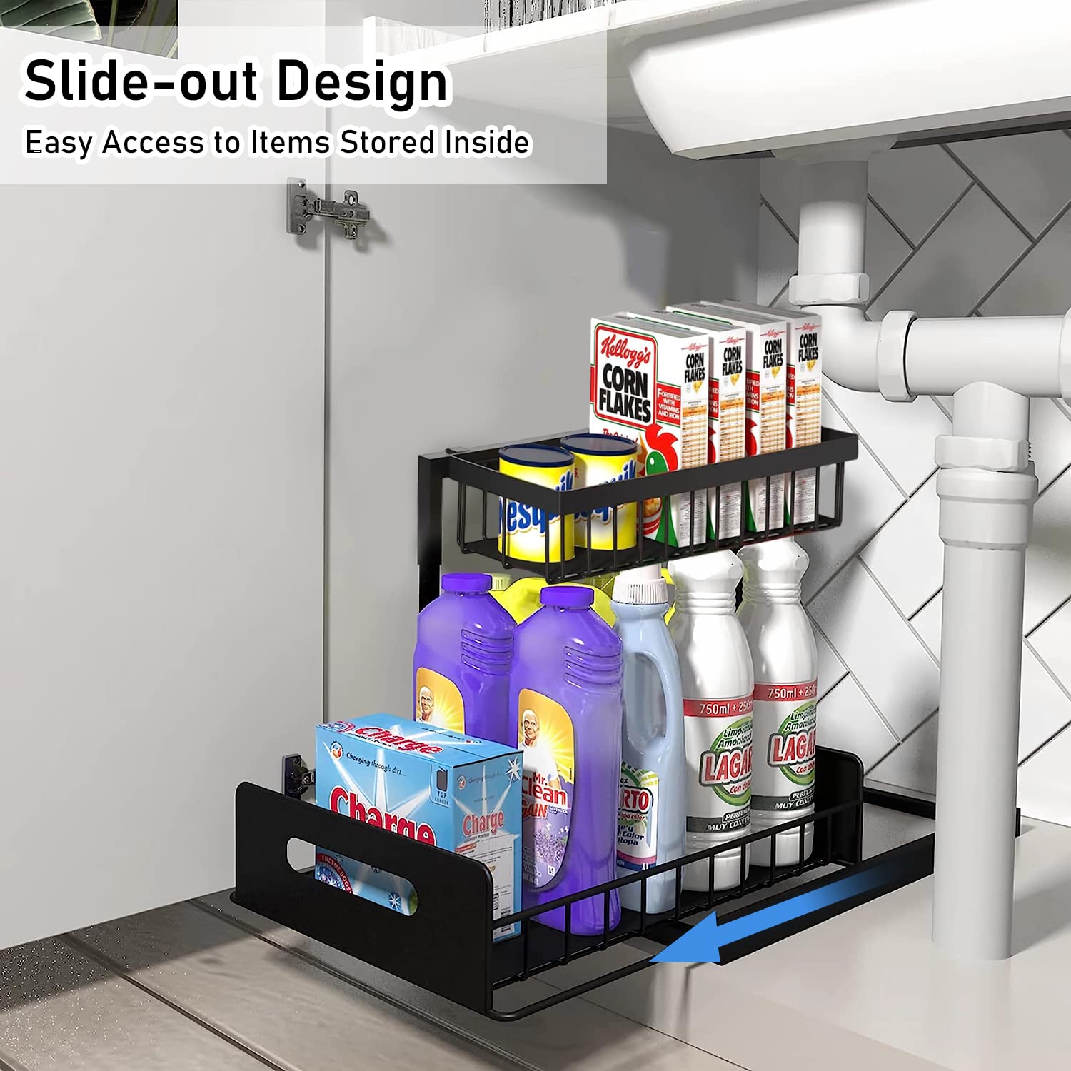 Meegoo Under Sink Organizer, 2 Tier Pull Out Cabinet Organizer, Heavy Duty Metal Shelf Cabinet Storage Shelves for Kitchen Bathroom Organization Multi-Use (Black)