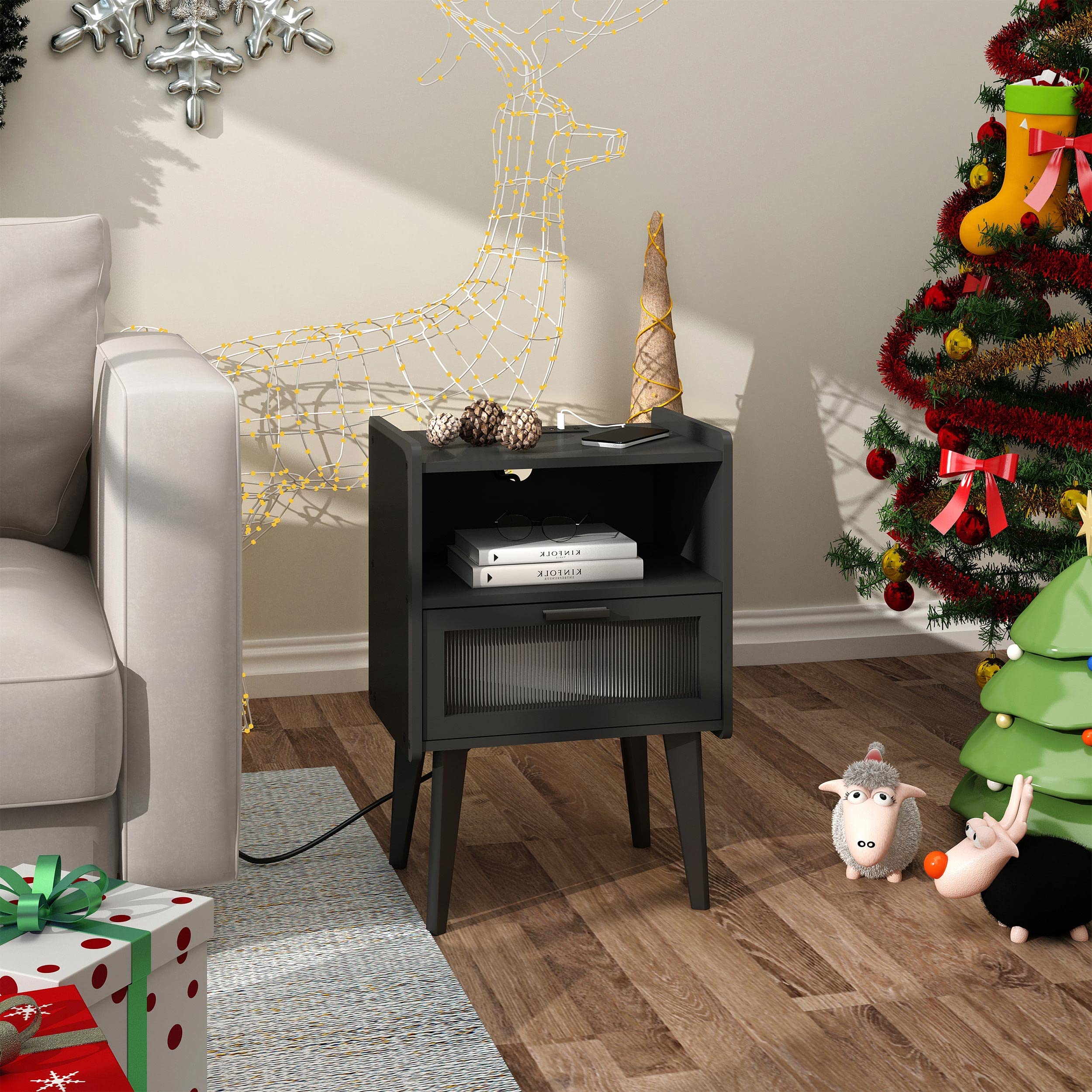MMEOLUOOK Nightstand with Charging Station, Bedside Tables, End Table Side Table with 2 Tiers Storage Space, for Bedroom, Living Room, Black MLBZ07BE