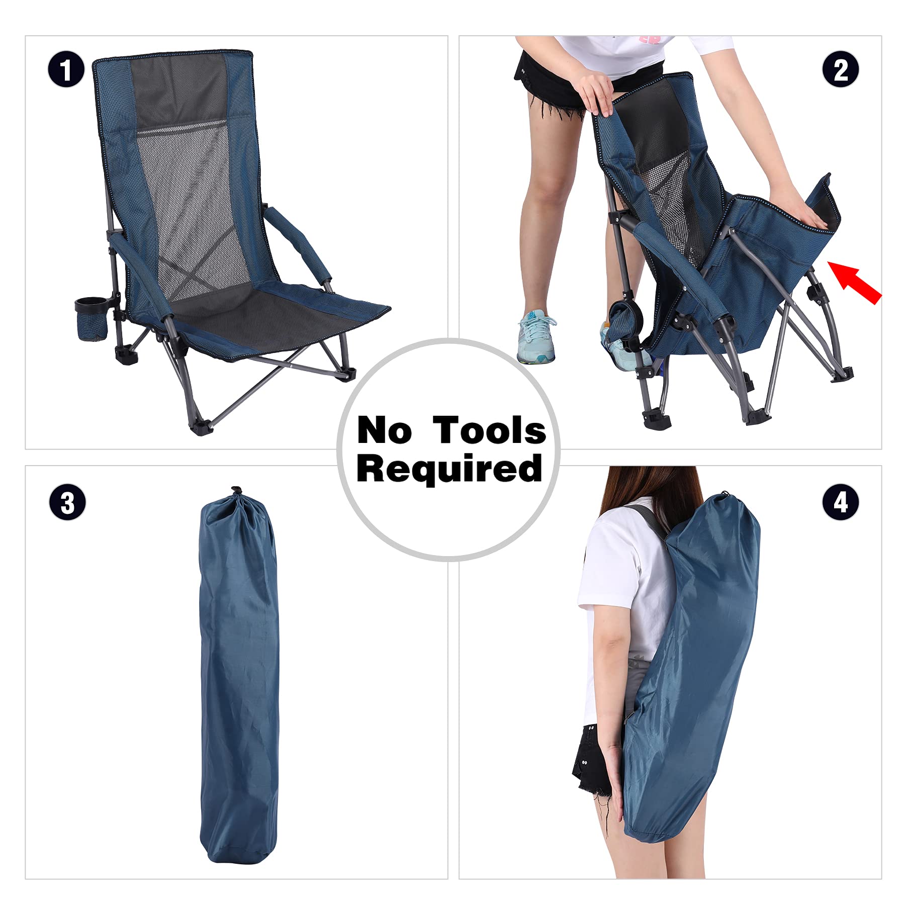 REDCAMP High Back Beach Chairs for Adults 2 Pack, Oversided Folding Low Beach Chairs for Concerts, Lightweight Portable for Camping Backpacking Outdoor Sports Events, Navy