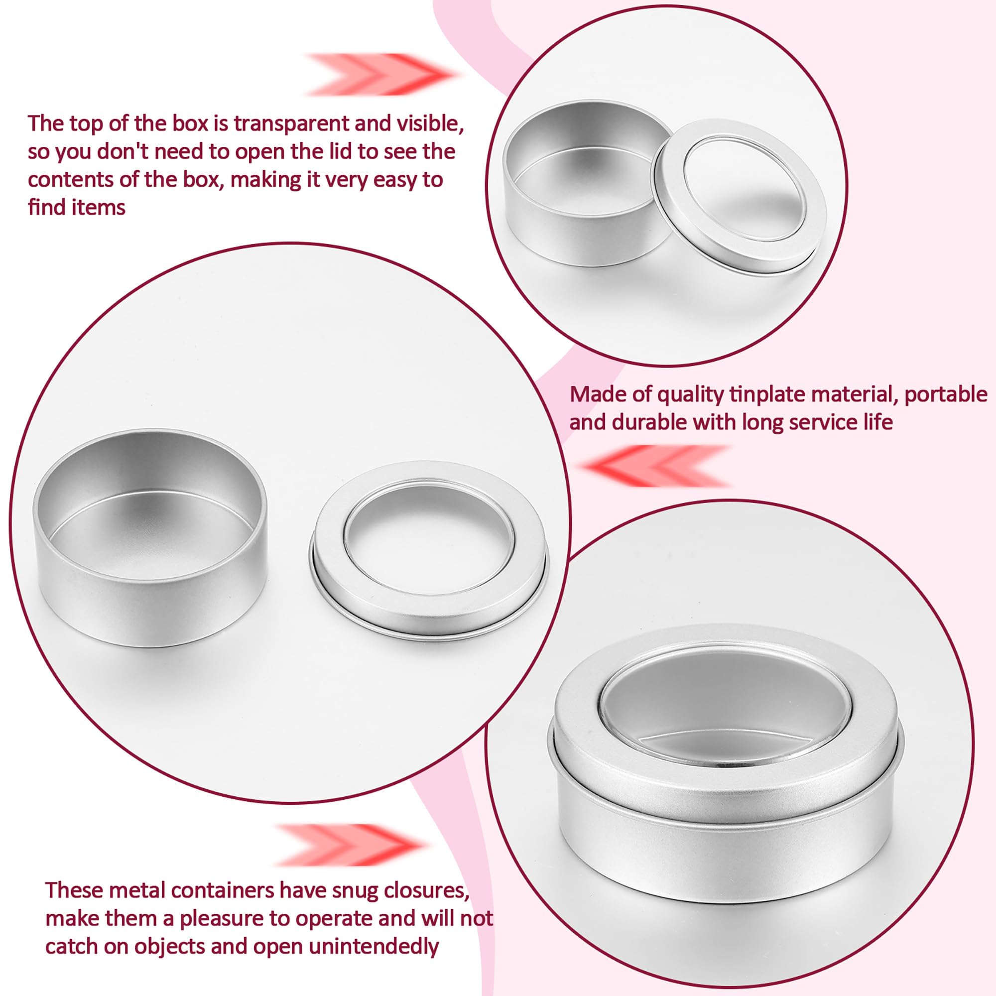 TecUnite 2 Ounce Metal Tin Cans Round Empty Container Salve Tins with Clear Lid for Kitchen, Office, Candles, Candies(40 Pack)