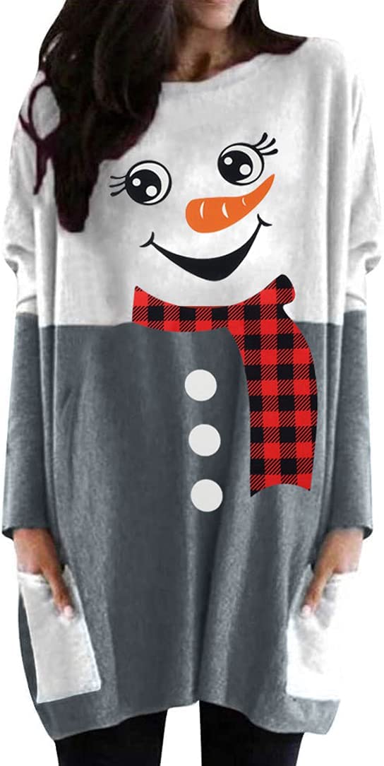 MOUSYA Women Dress Shirt Christmas Long Sleeve Tops Santa Printed Pullover Loose Plus Size T-Shirt Blouse with Pockets (gray white, X-Large)