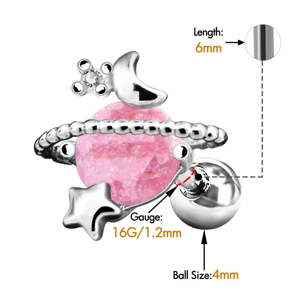 OUFER 16G 316L Surgical Steel Cartilage Earring Studs Star Moon Pink Stone Saturn Planet Tragus Earrings Helix Ear Piercing