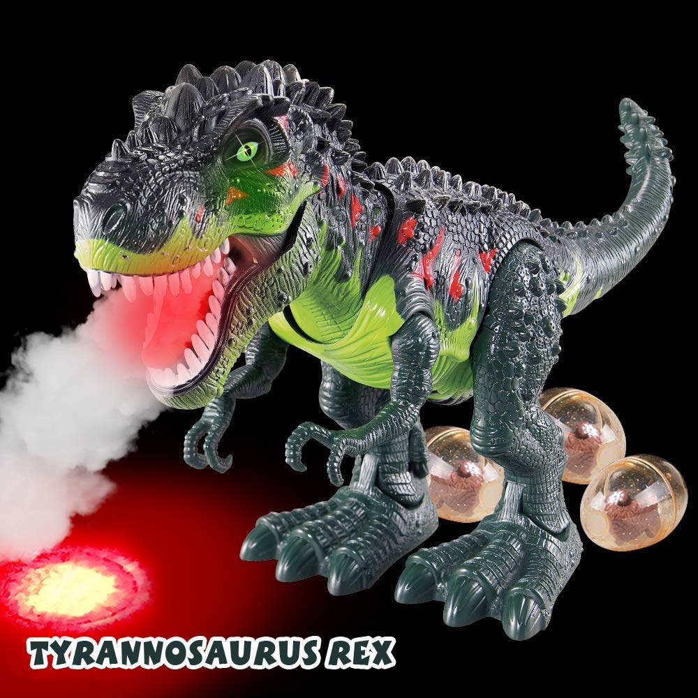 WESPREX Remote Control Dinosaur Toy: Walking T-Rex, Flame Spray, Laying Eggs, Light-Up Eyes, Roaring Sound, 6 Pull Back Cars - for Ages 3+
