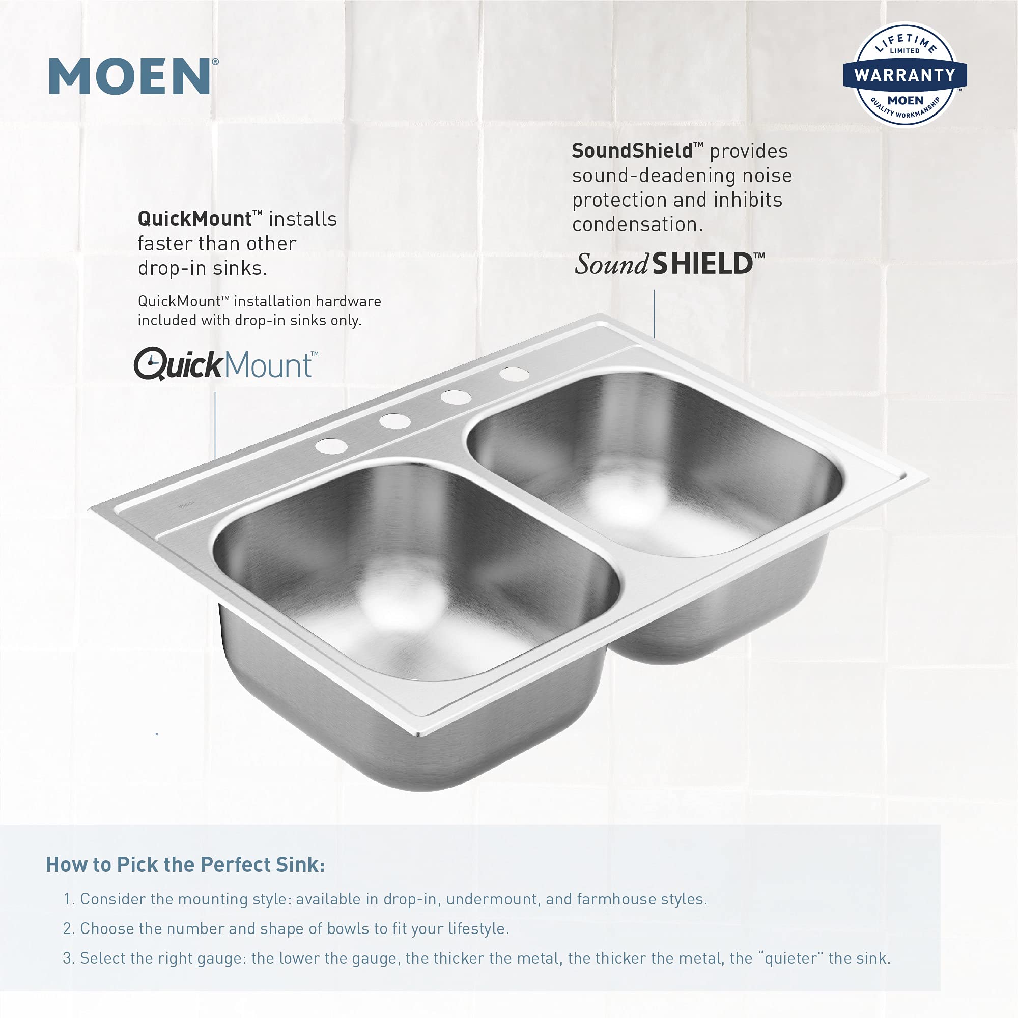 Moen GS20210 2000 Series 31.75-inch 20 Gauge Undermount Double Bowl Stainless Steel Kitchen Sink