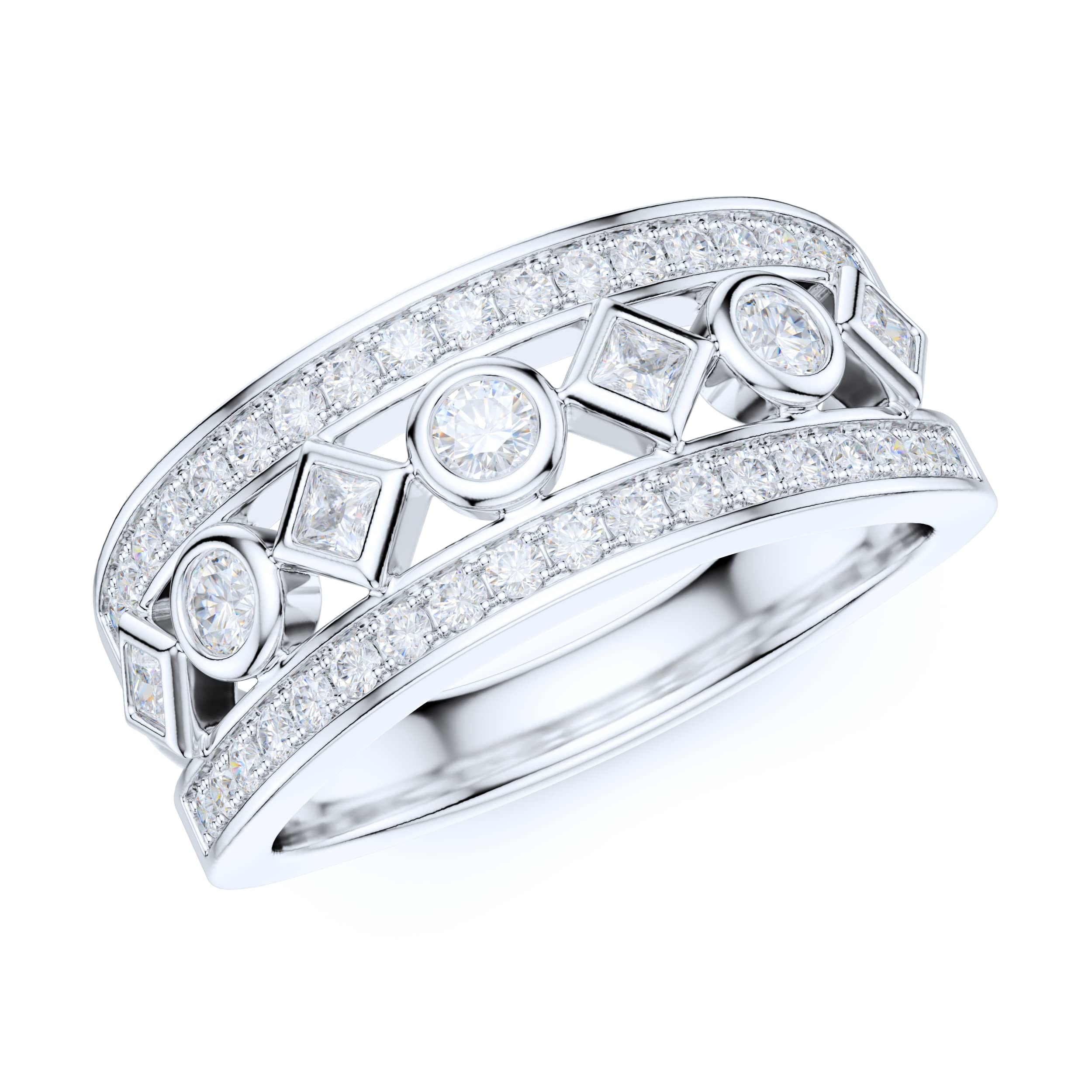 PRSTANI 8mm Wide Solid Sterling Silver Paved Split Shank Simulated Round and Princess Diamonds Bezel Set Ring Wedding Band (6)