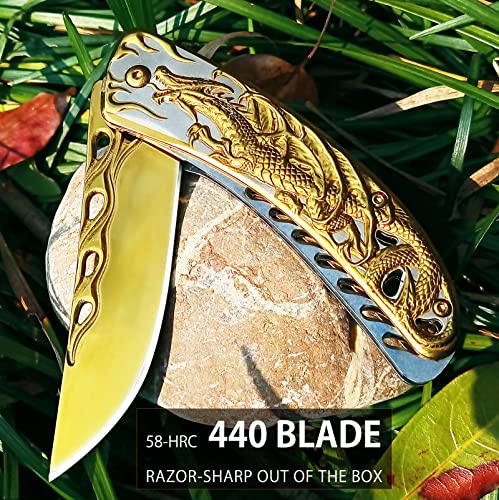 Vividstill Pocket Knife for Men, Cool Folding Knife With 3D Golden Dragon Embossed Relief, Great Gift Edc Knife For Men Outdoor Survival Campingā¦