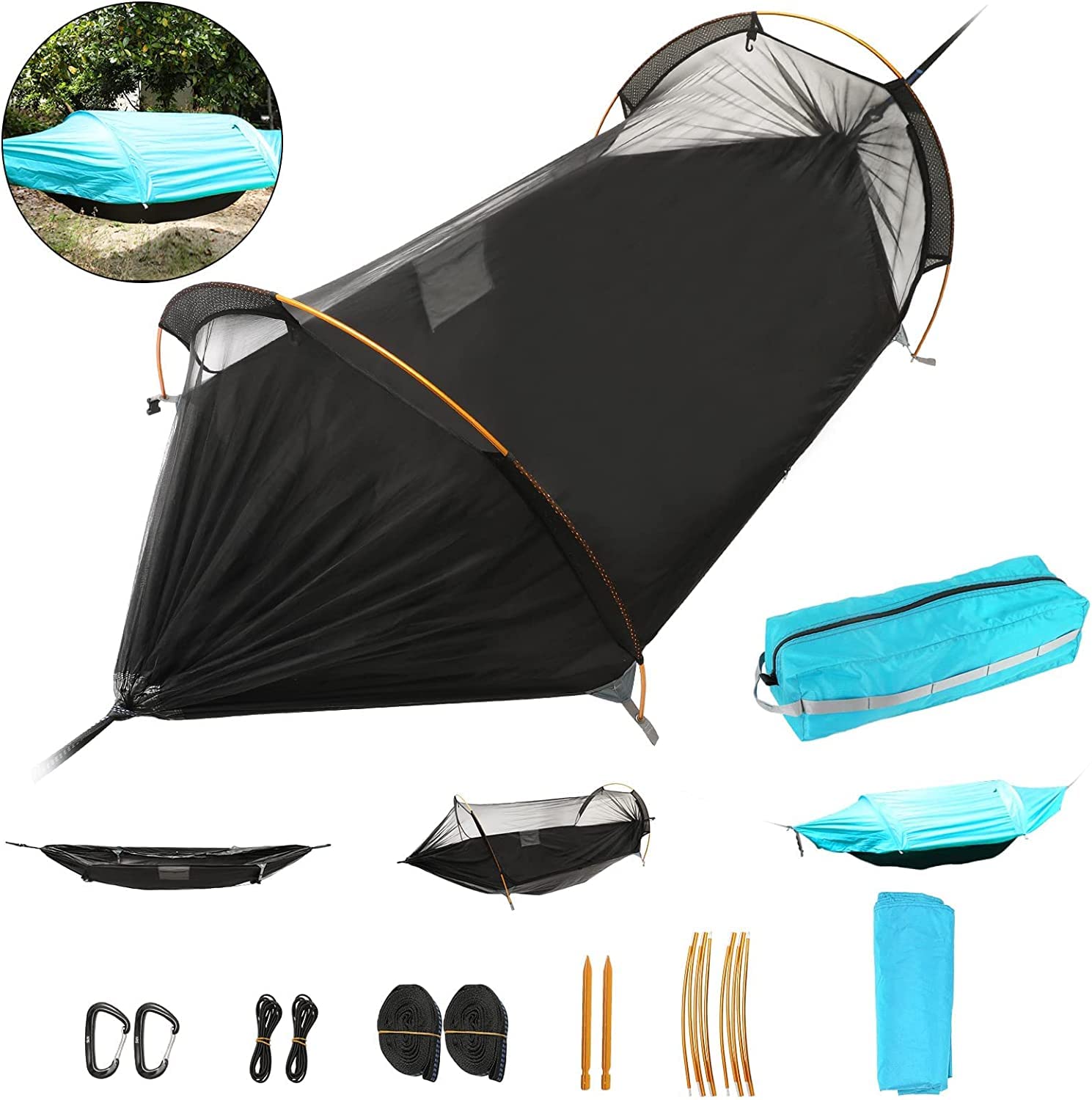 SUNPIE Camping Hammock Tent with Mosquito Net, Lightweight 1-2 Persons Bivvy Hammock Set, Hammock with Rain Fly Cover and Tree Straps for Backpacking Hiking Travel Beach Outdoor Activities