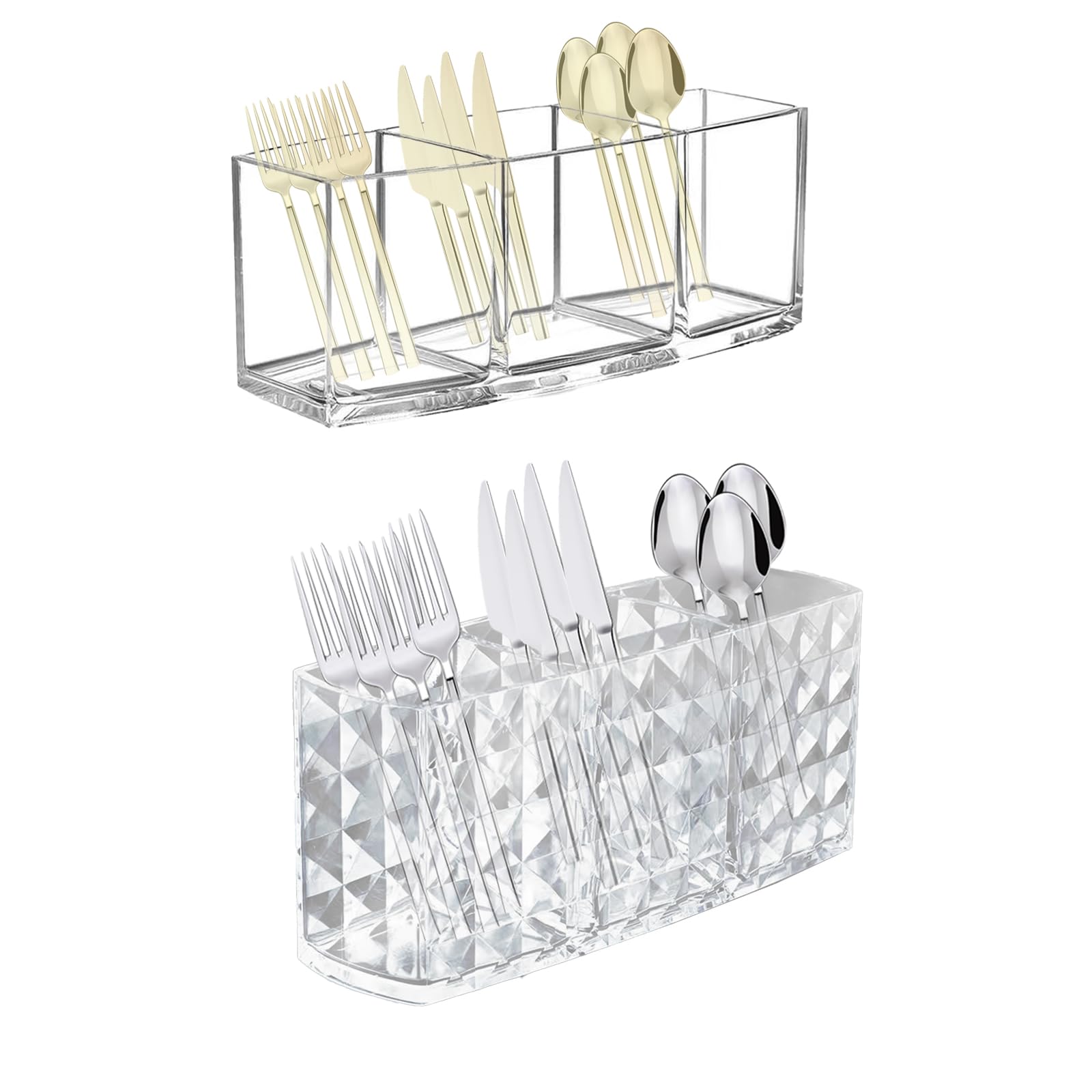 POPGIO 2 Packs Utensil Holder Organizer Countertop Counter Cutlery Flatware Storage Caddy for Kitchen 3 Divided Section 6 Slots Plastic Clear