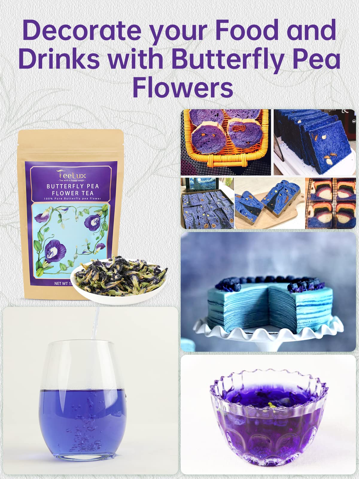 TeeLux Butterfly Pea Flower Tea, Non-GMO, Pure Natural Butterfly Pea Tea, Premium Dried Butterfly Pea Flower for Blue & Purple Drinks and Food Coloring, 1.76 Oz