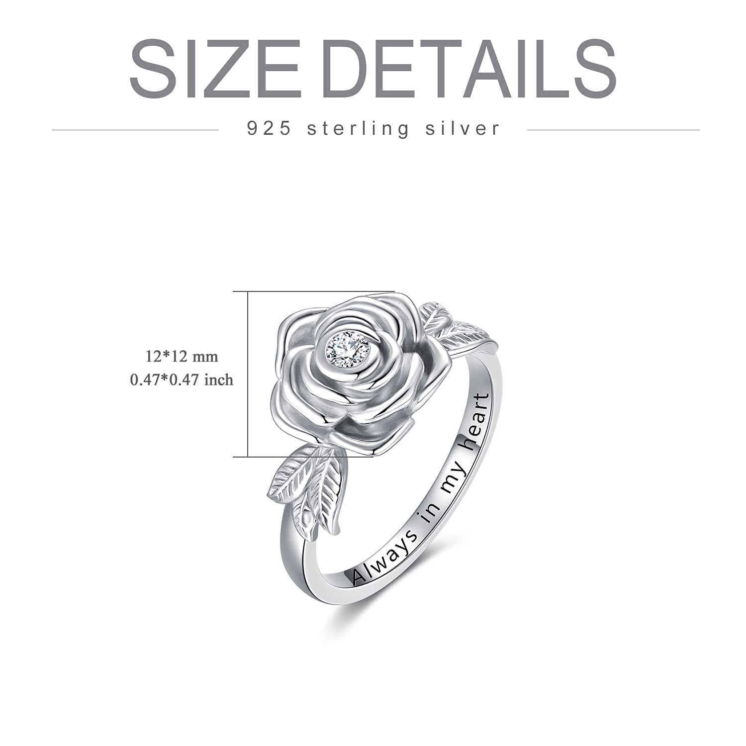 Rose Flower Cremation Urn Ring Holds Loved Ones Ashes 925 Sterling Silver Always in My Heart Cremation Keepsake Ring Memorial Jewelry Gift for Women (7)