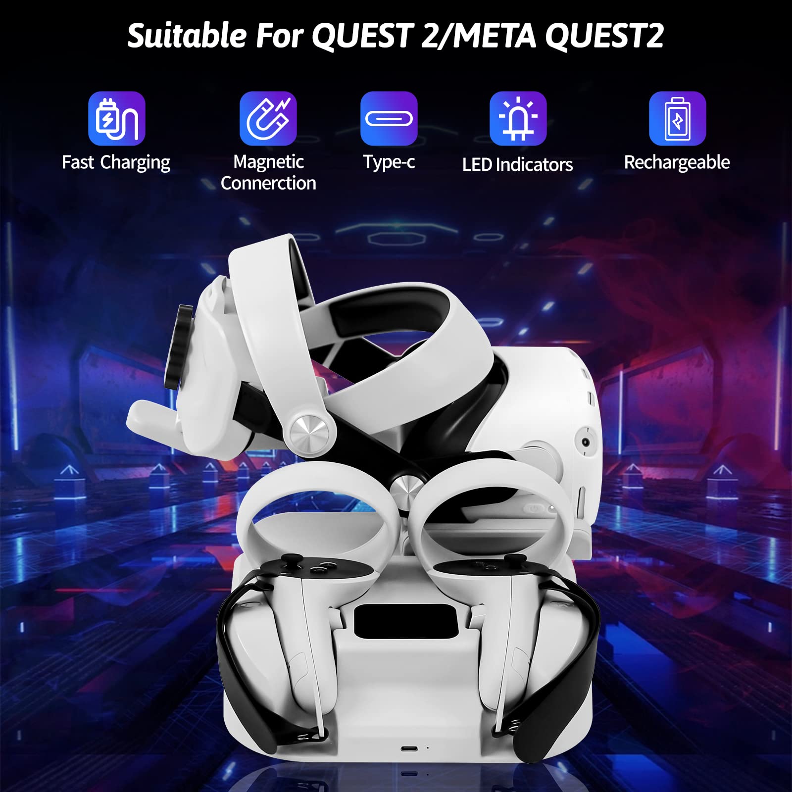 VR Charging Dock for Oculus Quest 2, Magnetic Fast Meta Quest 2 Charger Station Simultaneously for Controllers and Headset Fit Elite Strap,VR Accessories with LED Indicator & 2 Rechargeable Batteries