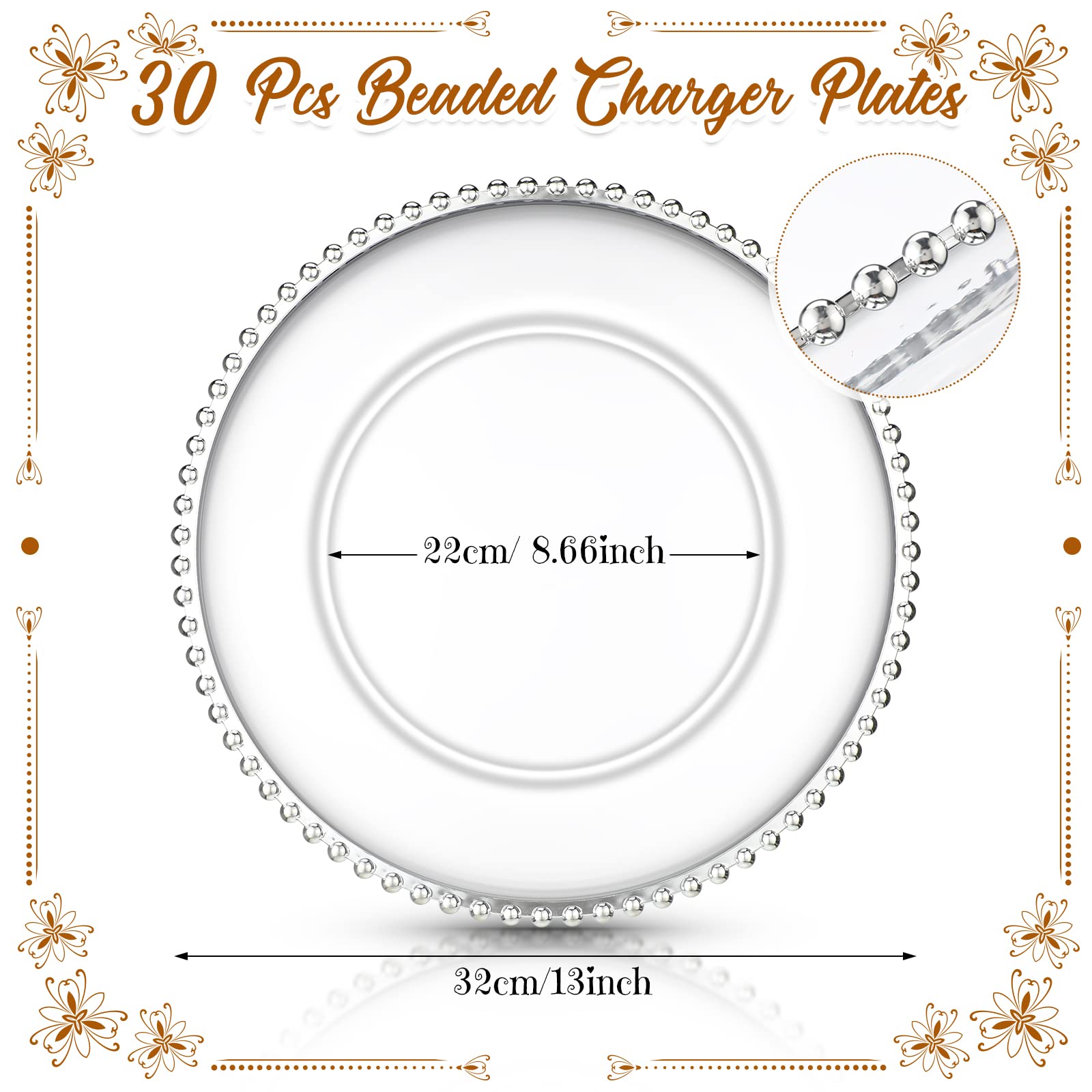 Weewooday 30 Pieces Silver Plastic Beaded Charger Plates 13 Inch Round Dinner Chargers Bead Clear Service Plates for Wedding Birthday Party Events Bridal Shower Dinner Tabletop Decoration