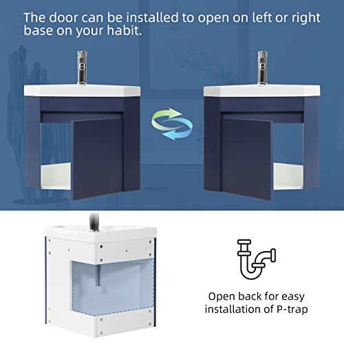 walsport 16" Corner Bathroom Vanity Floating Single Sink Combo for Small Space Wall Mounted Cabinet Set Design Resin Basin Sink Top Chrome Faucet and Drain,Blue