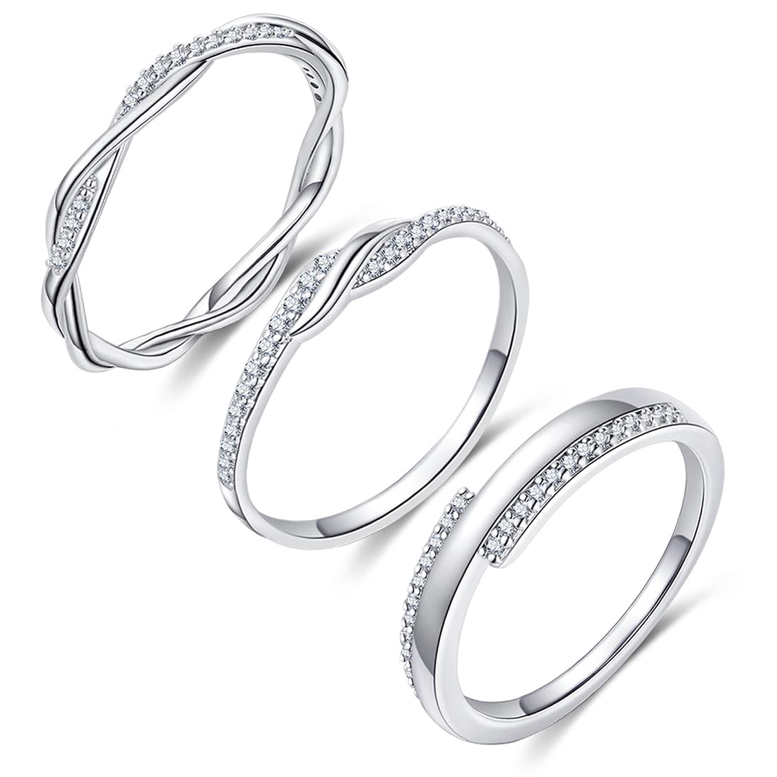 Sunssy 3PCS Stacking Rings Set for Women Stackable Thumb Rings for Teen Girls Simple Thin Dainty Silver Ring Set CZ Eternity Wedding Ring Size 5 to 9