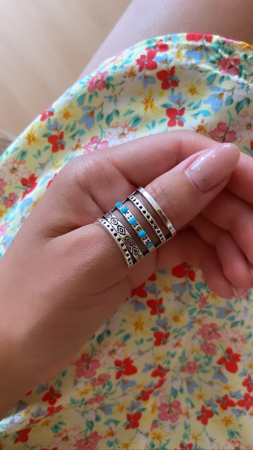 Western Ring For Women, Turquoise Boho Cool Vintage Chunky Band Bohemian Statement Rings For Men (green boho, 8)