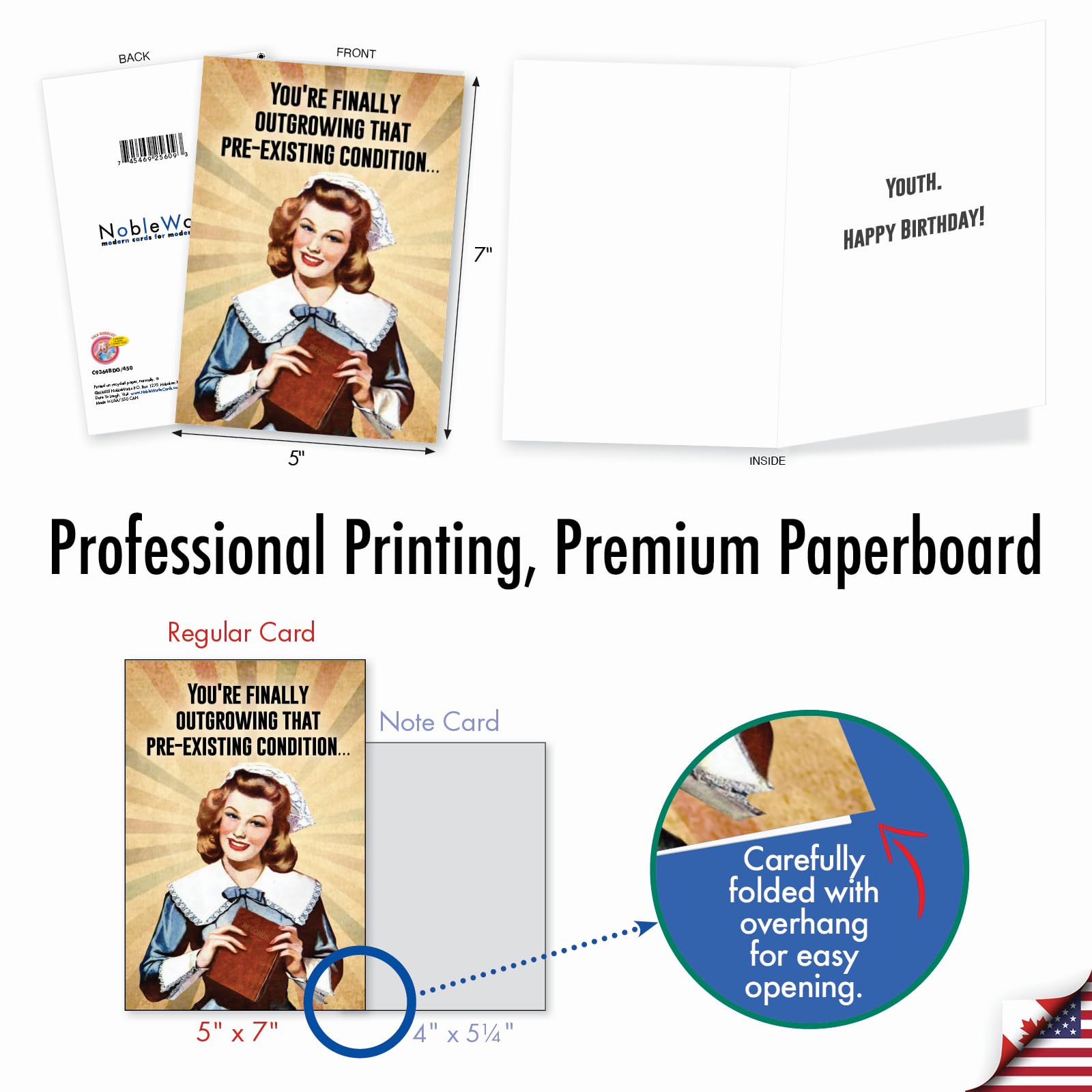 NobleWorks - 1 Funny Happy Birthday Greeting Card - Retro Woman Humor, Notecard Talk Bubbles - Pre-Existing Condition C9364BDG