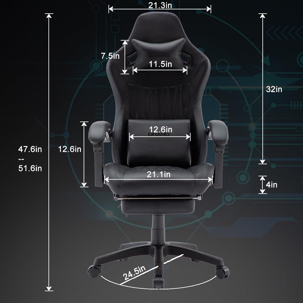 OHAHO Gaming Chair, Office Chair High Back Computer Chair Leather Desk Chair Racing Executive Ergonomic Adjustable Swivel Task Chair with Headrest and Lumbar Support (Dark Black)