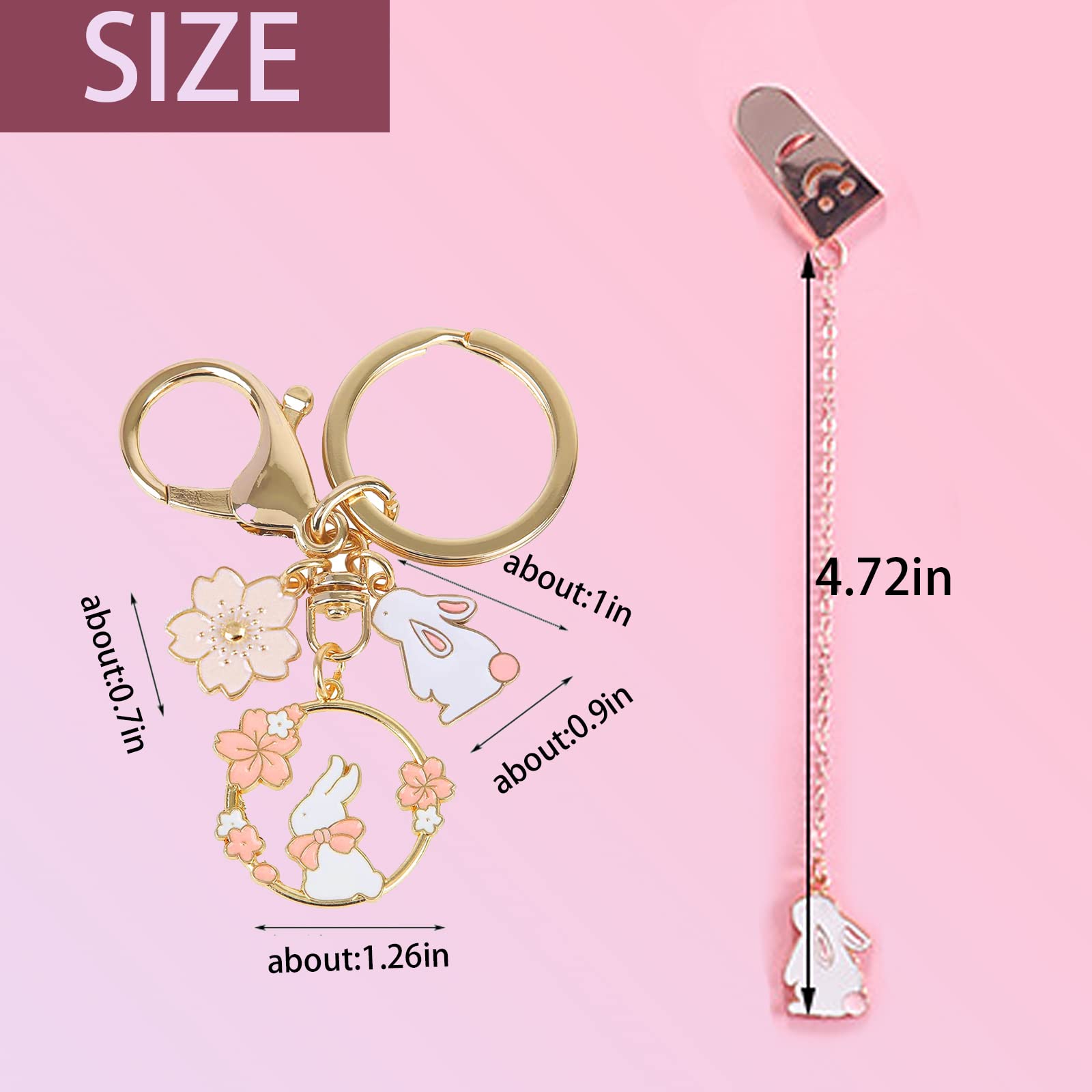 VUKWOO Cute Bunny Keychain and Metal Rabbit Bookmark,Kawaii Keychain with Rabbit and Cherry Blossom,Bunny Charm for Backpack/Keychain/Wallet/Purse