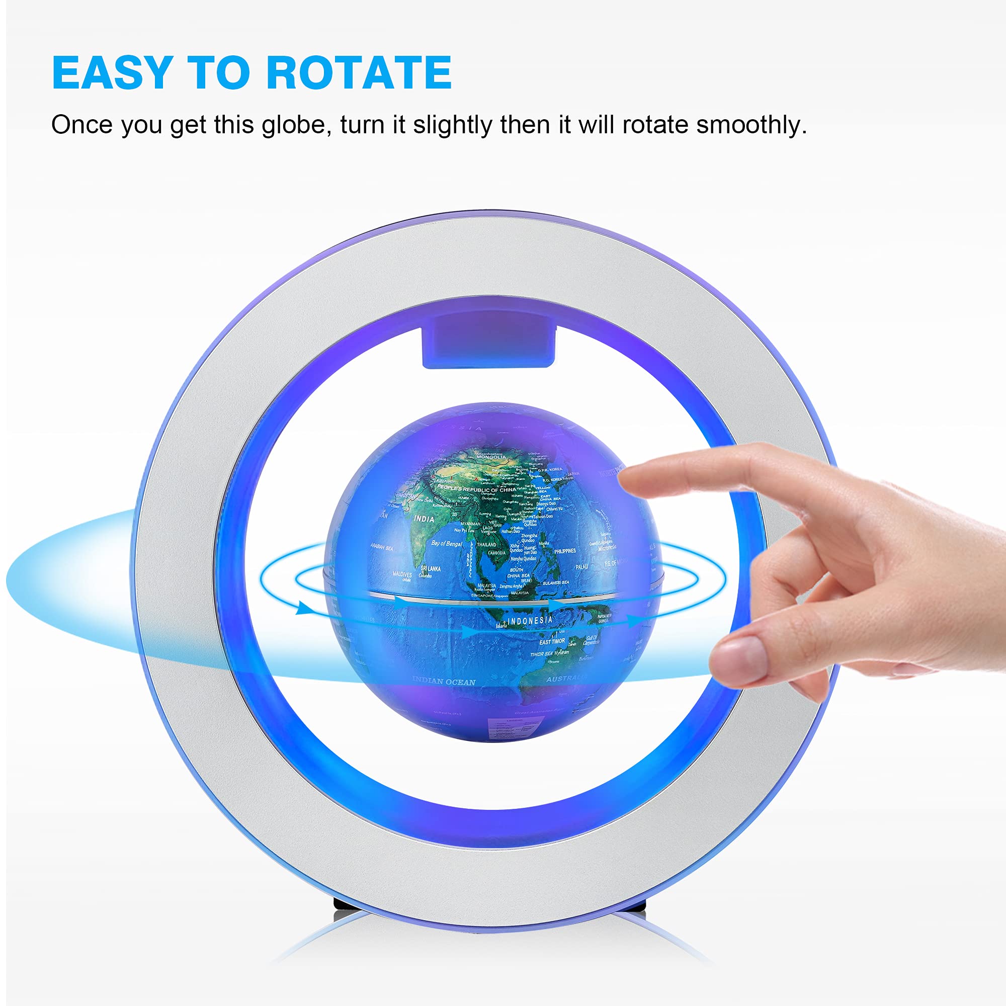 Spolehli Magnetic Levitation Globe, 4 Inch Levitation Floating Globe with LED Lights, World Map Globe with Round Shape Base, Good Gifts for Students Men Fathers Teachers Birthday Gift Present (Blue)