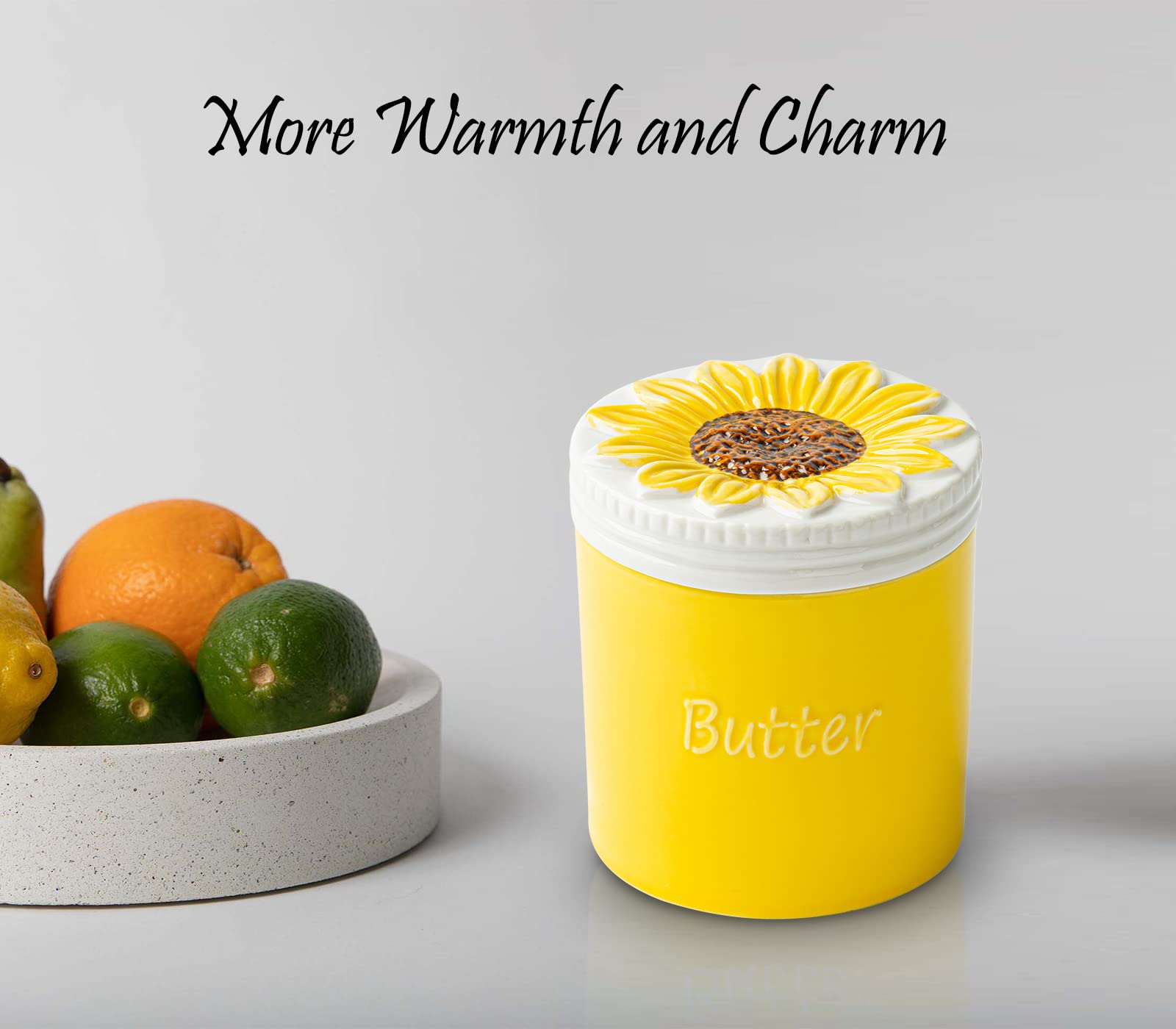Sunflower Butter Crock Butter Keeper French Butter Dish Ceramic Cup Butter Holder With Water Line Non-Slip Design