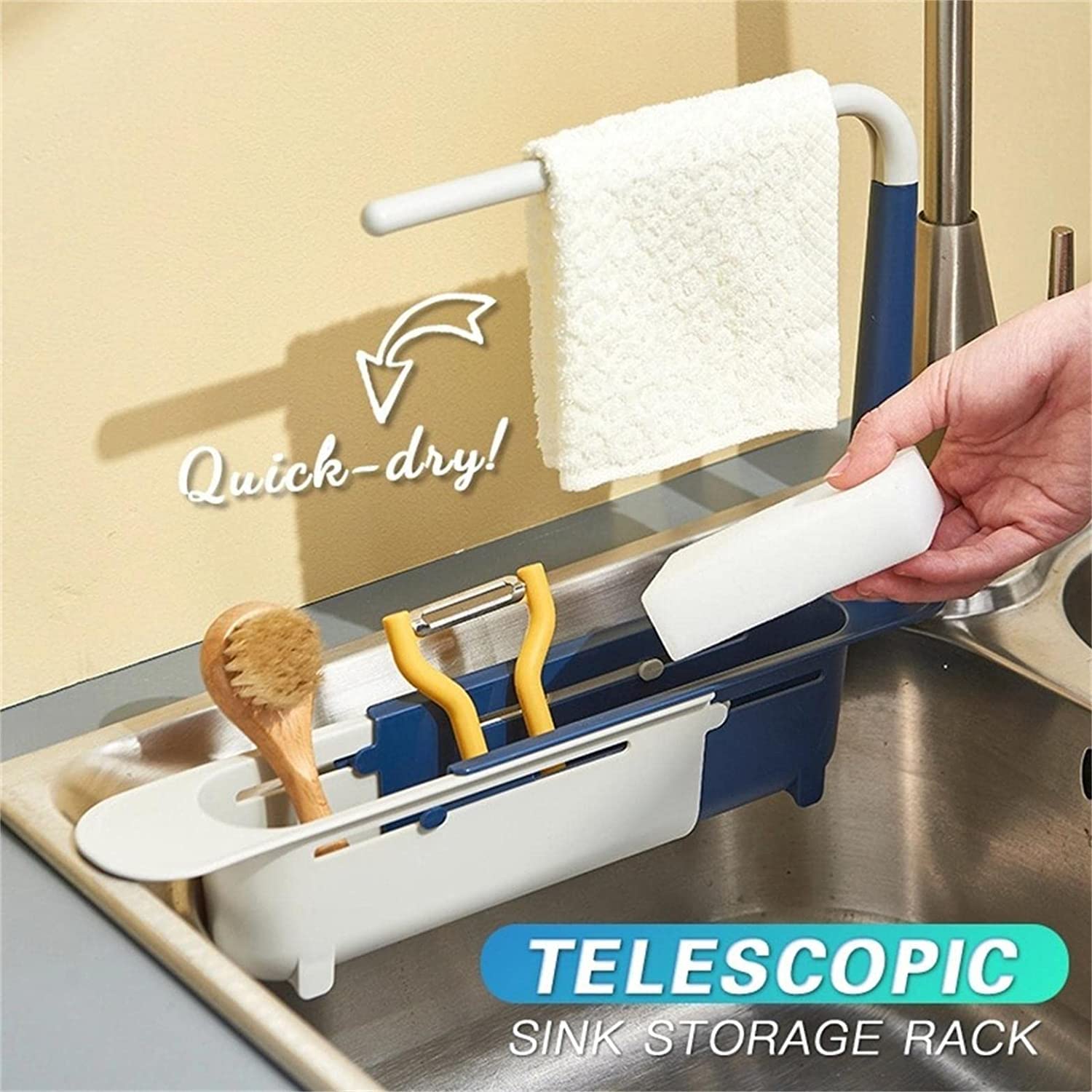 weiwie Tropimart Telescopic Sink Shelf - Adjustable Sink Storage Rack, Drainer Sink Tray Sponge Soap Holder, Adjustable Length 2-in-1 Sink Organizer, Telescopic Sink Storage Rack (Blue)
