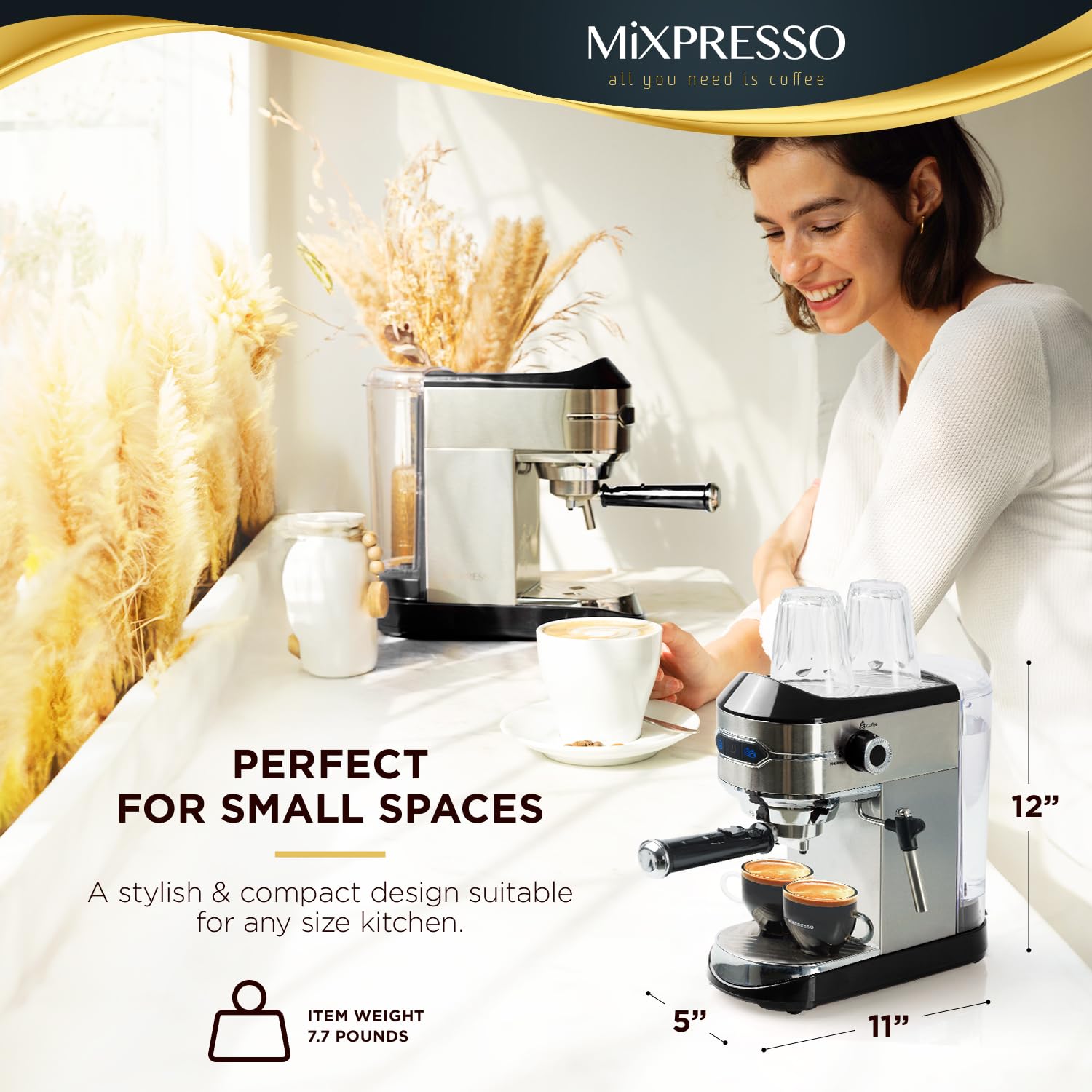 Mixpresso Professional Espresso Machine for Home 15 Bar with Milk Frother Steam Wand, Espresso Maker with Double-Cup Splitter, 1450w Fast Heating, Cappuccino and Latte machine with 37Oz Water Tank
