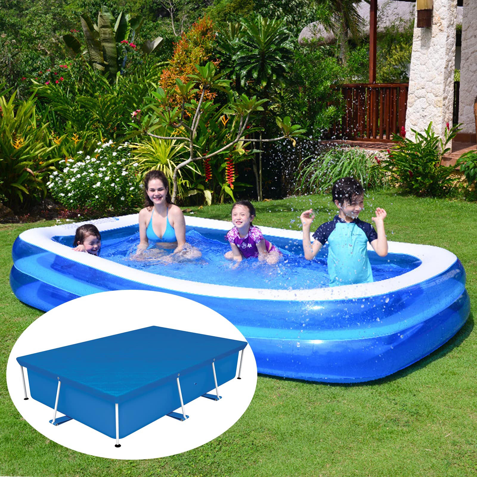 Merkaunis Rectangle Pool Cover 118 x 79 in Inflatable Pool Cover Rectangular Inflatable Swimming Pool Cover Dust Proof Rain Proof Pool Cover for Outdoor Paddling Family Pool Cover