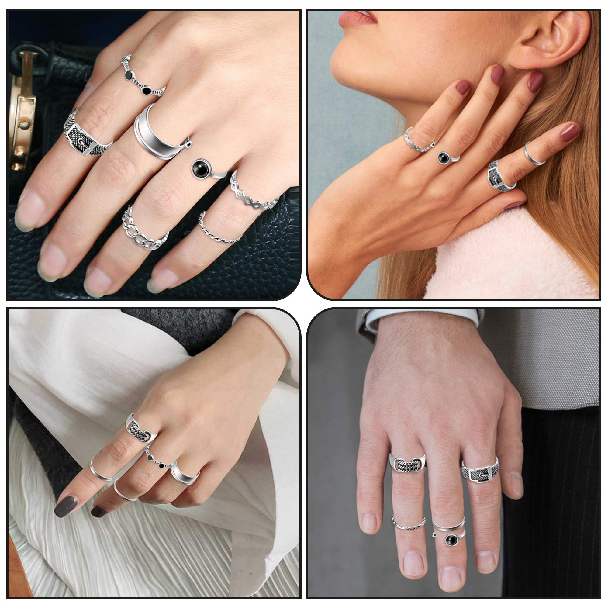 PANTIDE 17Pcs Punk Gothic Rings Set, Vintage Knuckle Rings Set Adjustable Alloy Biker Obsidian Chain Open Rings, Stackable Hollow Carved Finger Rings Midi Rings Joint Jewelry for Women (Silver)