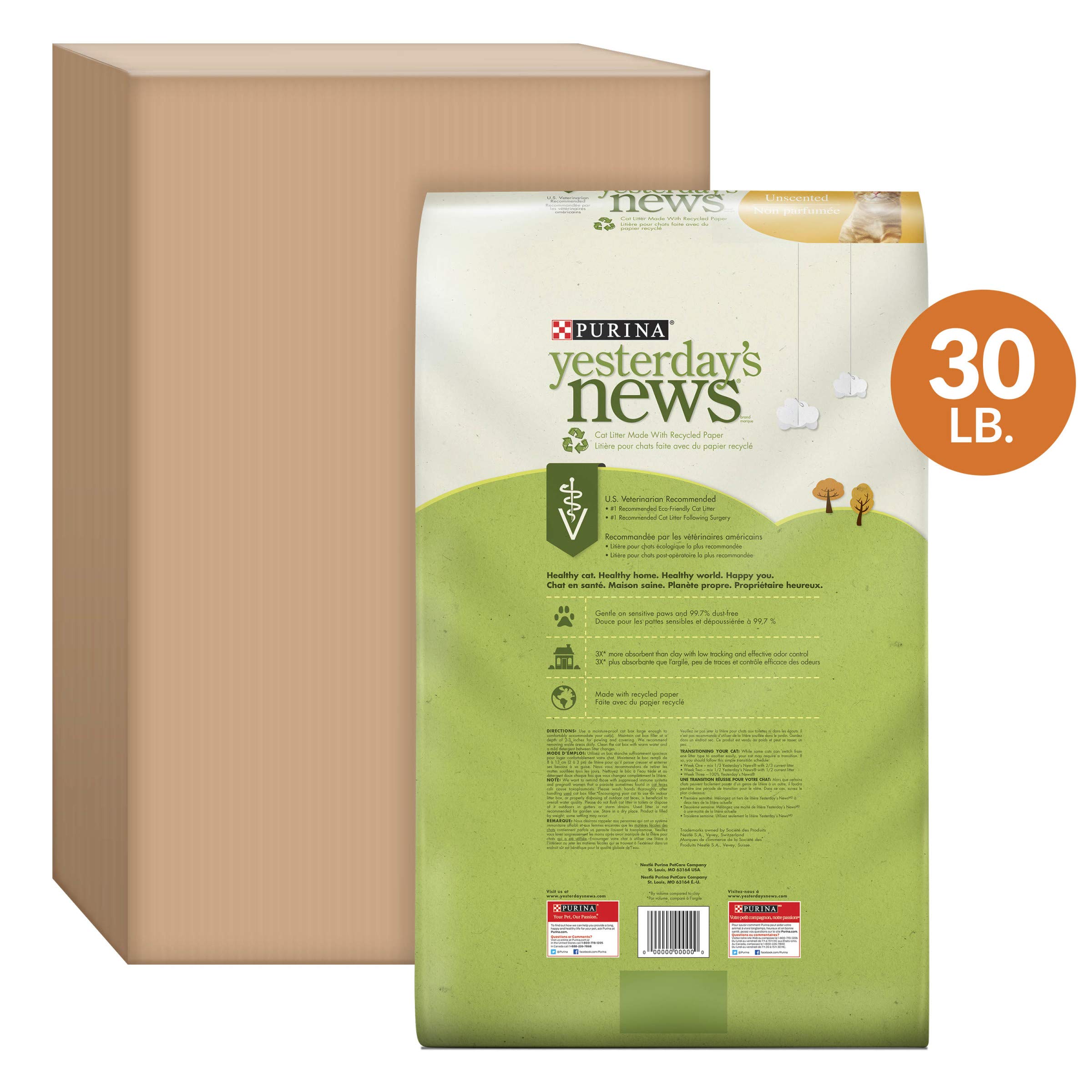 Purina Yesterday's News Non Clumping Paper Cat Litter, Unscented Low Tracking Cat Litter in Recyclable Box - 30 lb. Bag