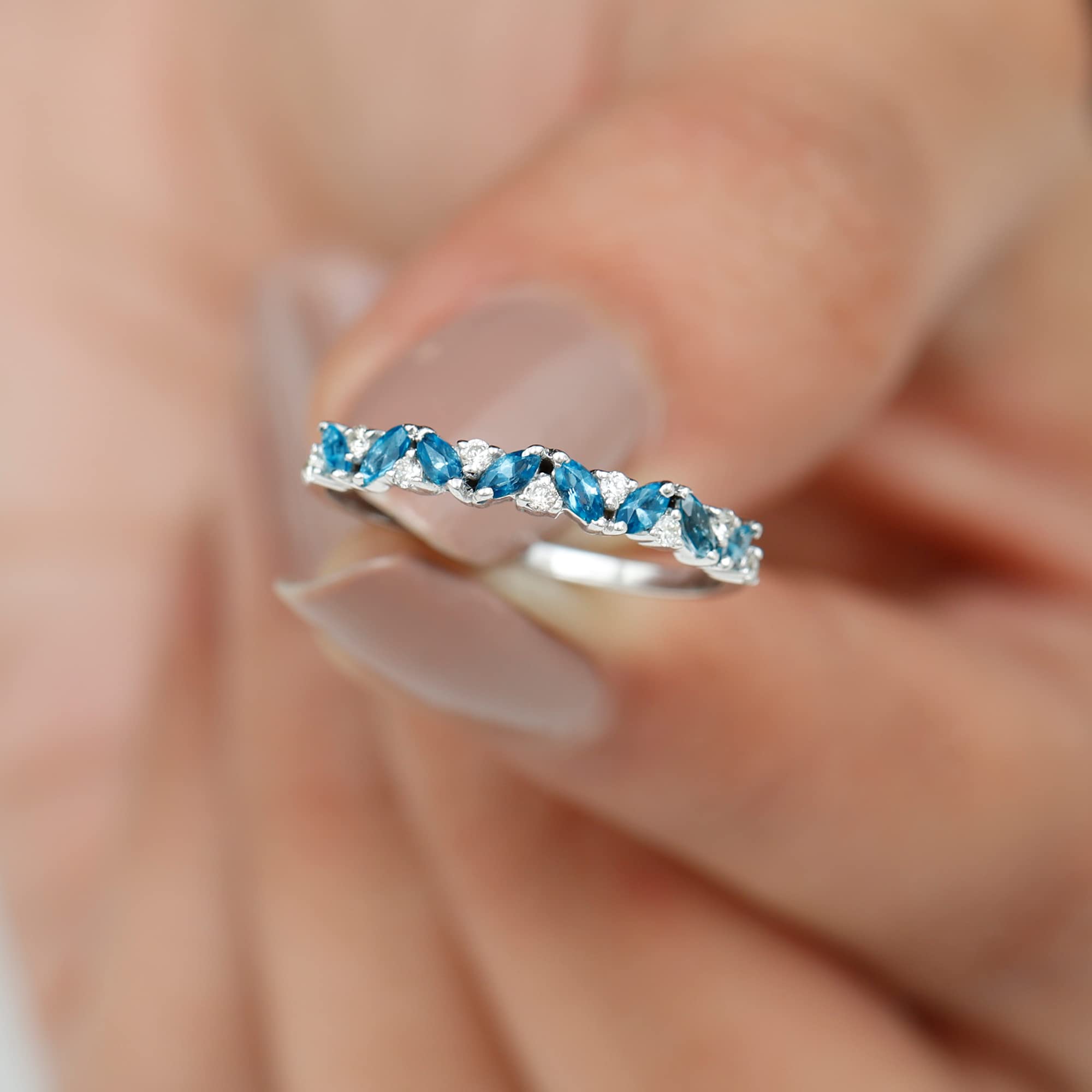 Rosec Jewels London Blue Topaz and Diamond Ring, Alternate Blue Topaz Semi Eternity Ring, 14K White Gold, Size:US 5.50