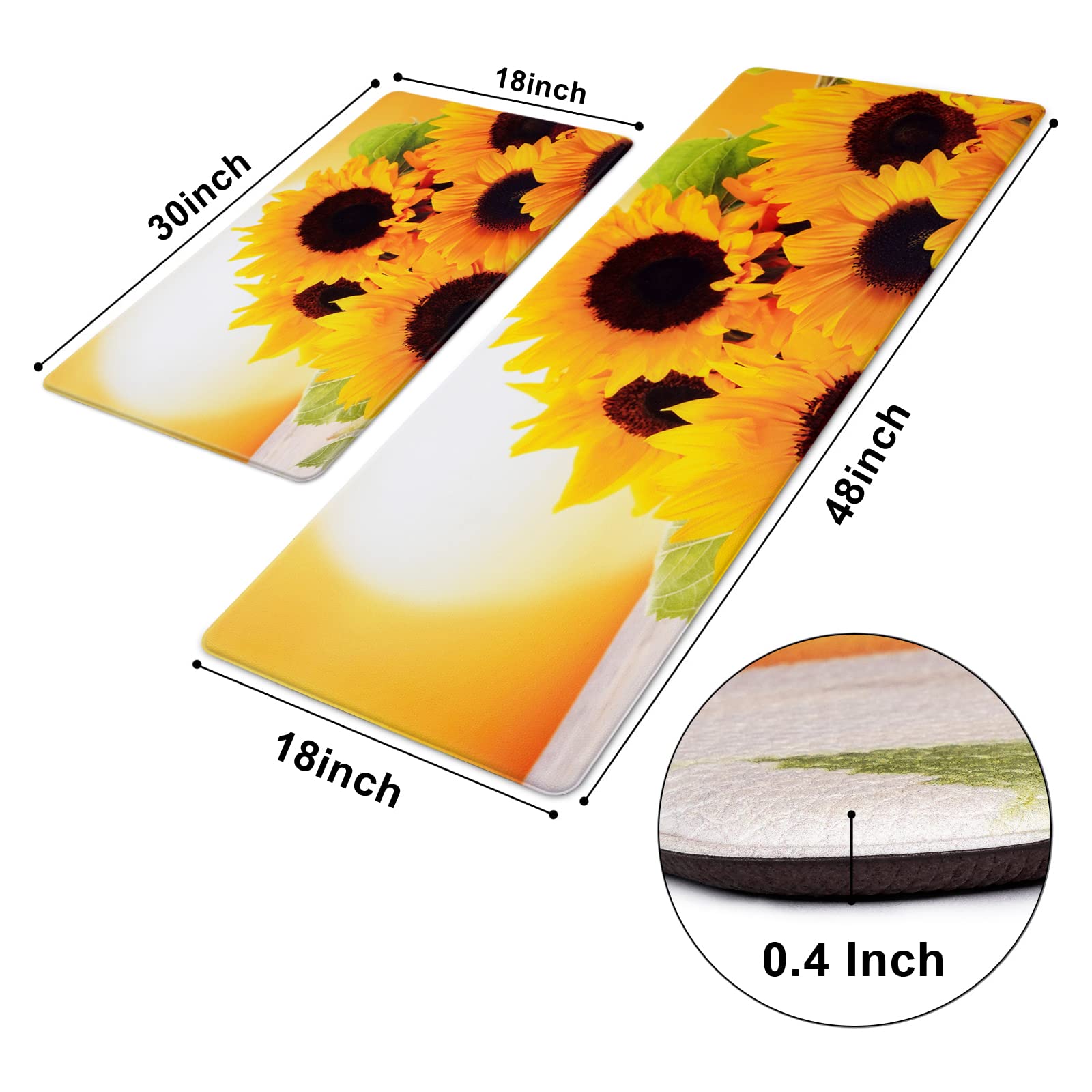 Sunflower Kitchen Mat Set Anti Fatigue 2 Piece, Floral Kitchen Rugs and Mats Non Skid Washable Waterproof, Cushioned PVC Kitchen Rug Comfort Mat for Kitchen Floor Sink, 18'' x 48''+18'' x 30'', Yellow