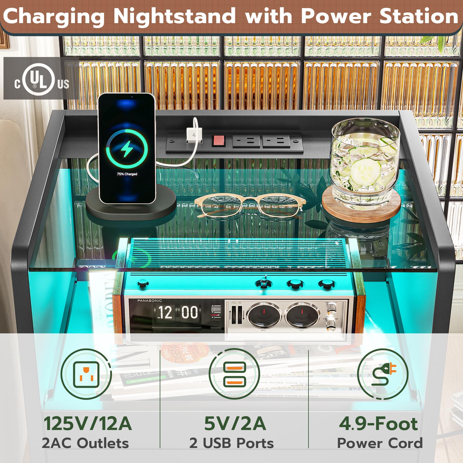 MSmask Black Nightstand with Charging Station and LED Lights, Glass Top Night Stand with Pull-Out Shelf, LED Nightstand with Sliding Drawers, Modern Bedside Tables with Open Storage for Bedroom, Dorm