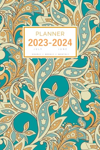 Planner July 2023-2024 June: 6x9 Medium Notebook Organizer with Hourly Time Slots | Creative Ethnic Flower Design Teal