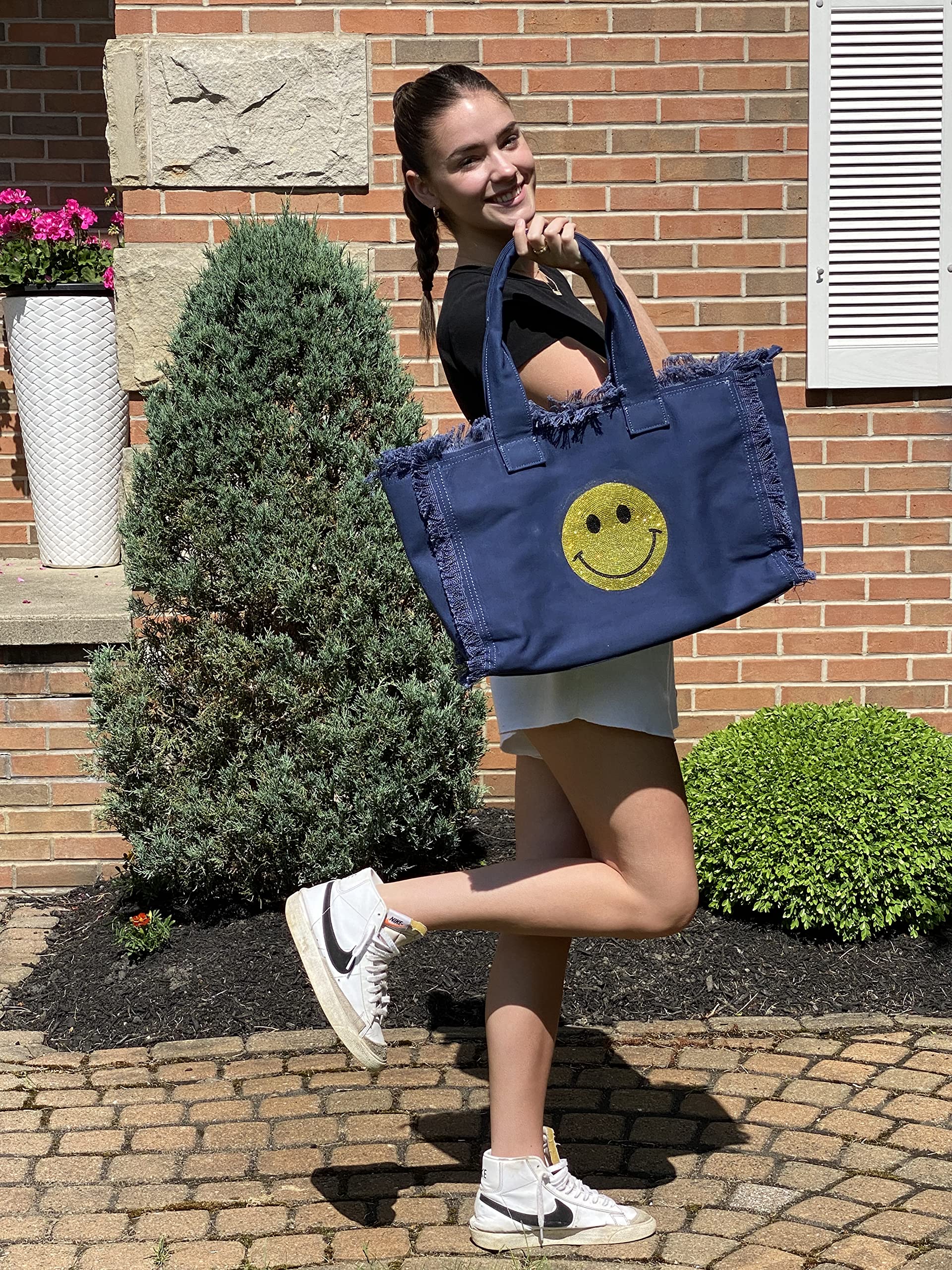 Sailcloth Women’s Tote, Women’s Smile Canvas Bag, Smile Purse, Smile Beach Bag, Smile Tote (Navy)