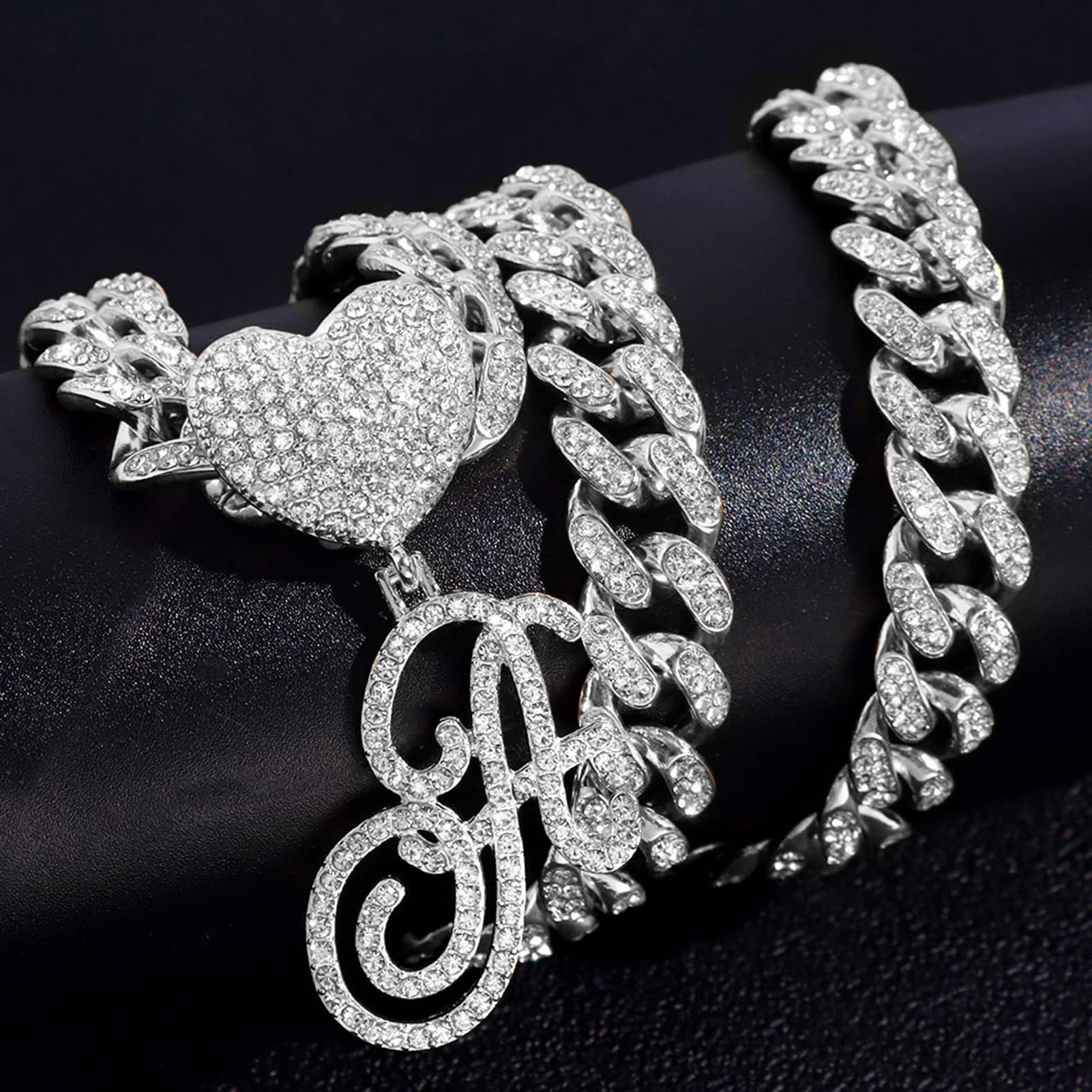 PTJDSMF Cursive Silver Initial Pendant Necklaces Alphabet Pendant Miami Cuban Link Chain Necklace for women Hip Hop Iced Out Letter Chain with Pendant Jewelry … (Cuban Link Chain K)