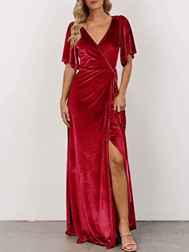MEROKEETY Women's Velvet Maxi Dress 2024 Boho Wrap Cocktail Party Wedding Guest Formal Dresses, Red, Large