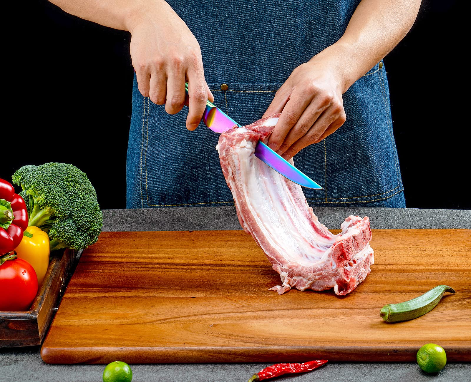 WELLSTAR Boning Knife 6 Inch, Razor Sharp German Steel Fillet Knife for Trimming Brisket/Rib/Steak/Meat, Deboning Chicken, Processing Fish/Game Meat, Rainbow Titanium Coating, Strong Durable Handle