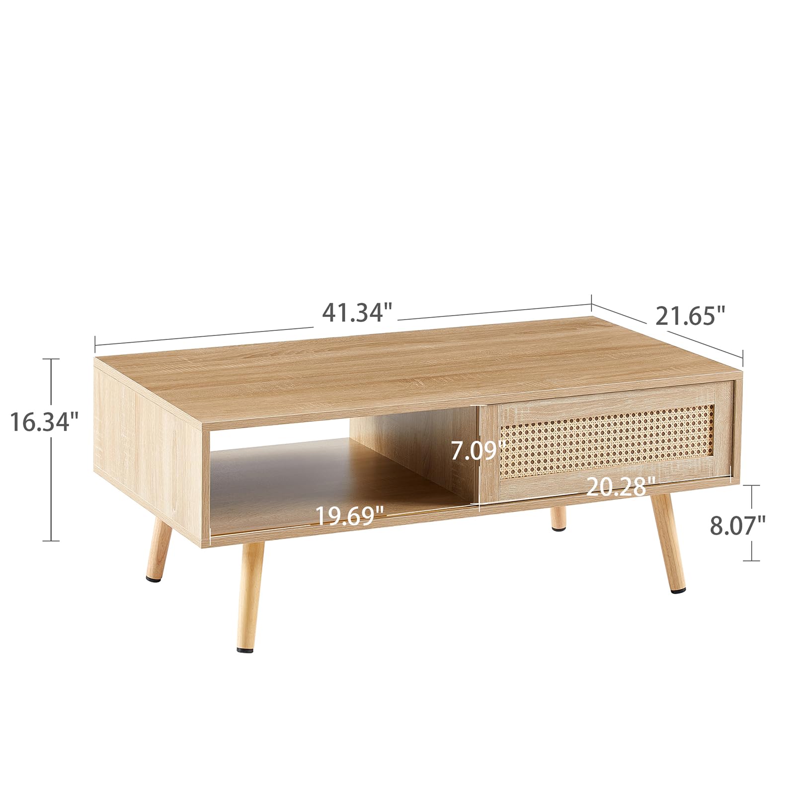 Modern Rattan Coffee Table with Sliding Door Storage, 41.3 Inch Small Wood Coffee Table with Solid Wood Legs, Boho Coffee Tables for Living Room