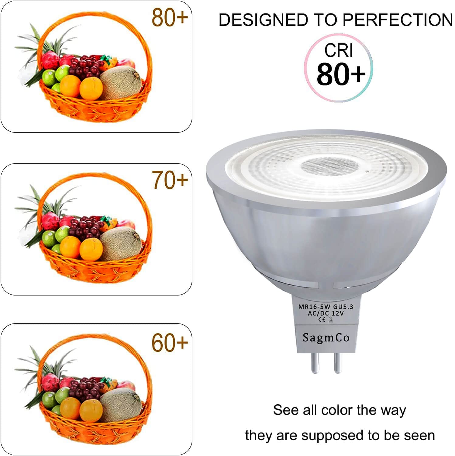 SagmCo 6 Pack MR16 LED Bulb 50W Equivalent 5000K Daylight 30,000 Hour Lifetime 90% Energy Saving 5W 12V AC/DC 38 Degree GU5.3 Base Non-Dimmable