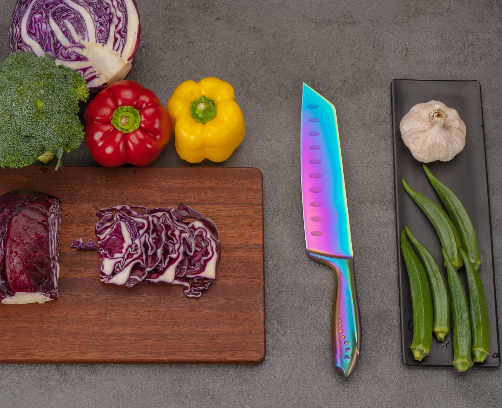 WELLSTAR Kiritsuke Chef Knife 8 Inch, Razor Sharp German Steel Blade and Comfortable Handle with Rainbow Titanium Coated for Kitchen Food Cutting Slicing Dicing, Asian Vegetable Meat Cooking Knife
